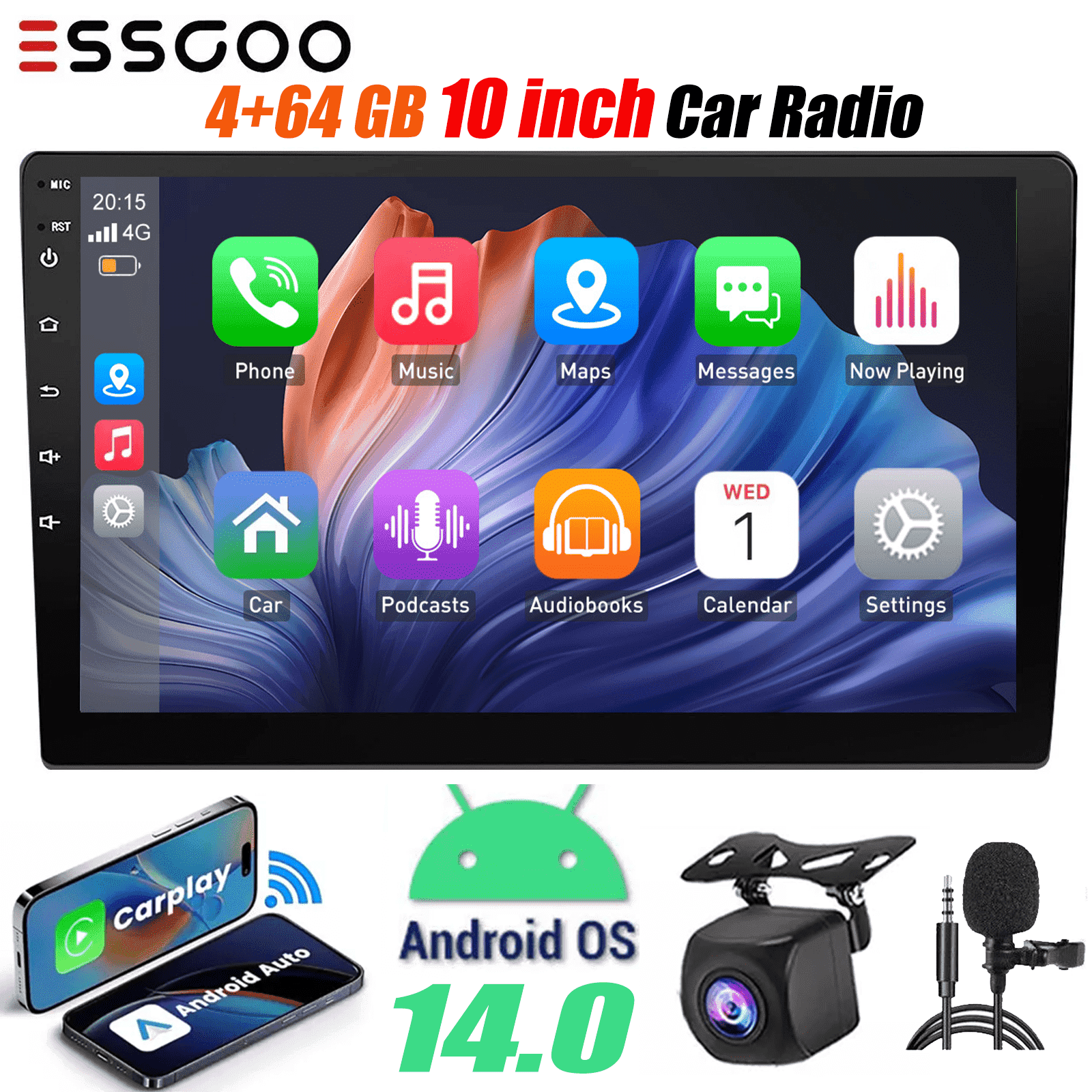 ESSGOO 4+64GB Double Din 10" Car stereo Carplay,Android 14.0 ...
