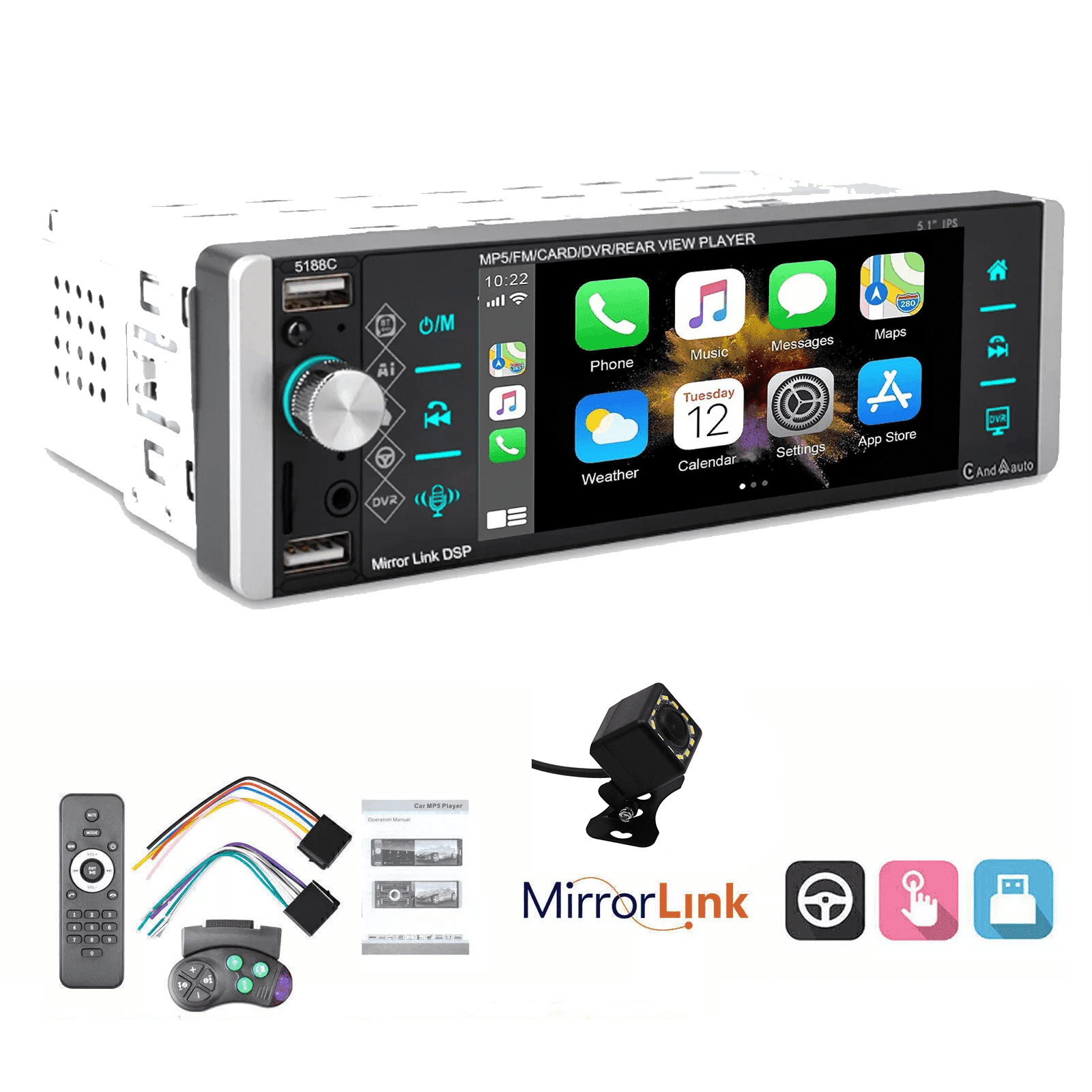 ESSGOO 5.1" Wireless Single DIN Car Stereo Radio with Apple Carplay & Android Auto, 12LED Camera ...