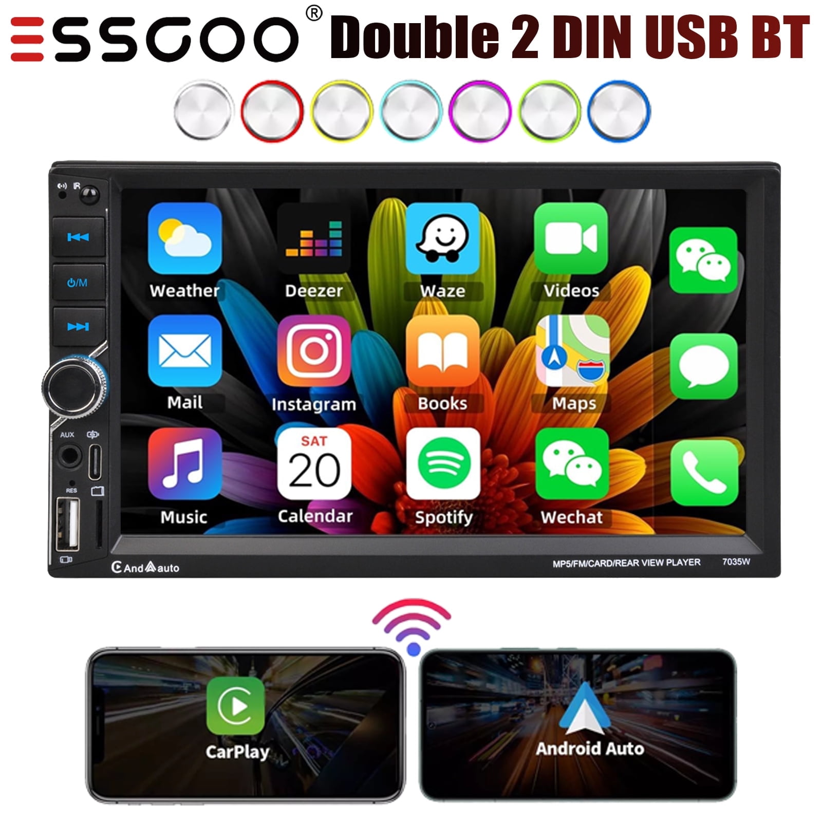 ESSGOO 7" Double 2 Din Car Stereo Touch Screen Car Radio Apple CarPlay Head Unit TF/USB/Type-C ...