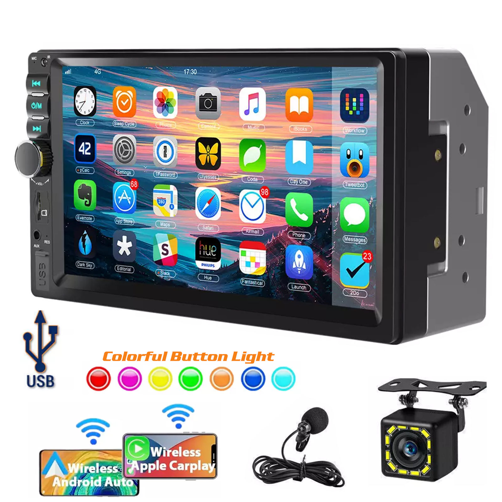 ESSGOO Wired 7 inch Double Din Car stereo with 1024*600p Touchscreen, 5.1 Bluetooth,12 LED ...