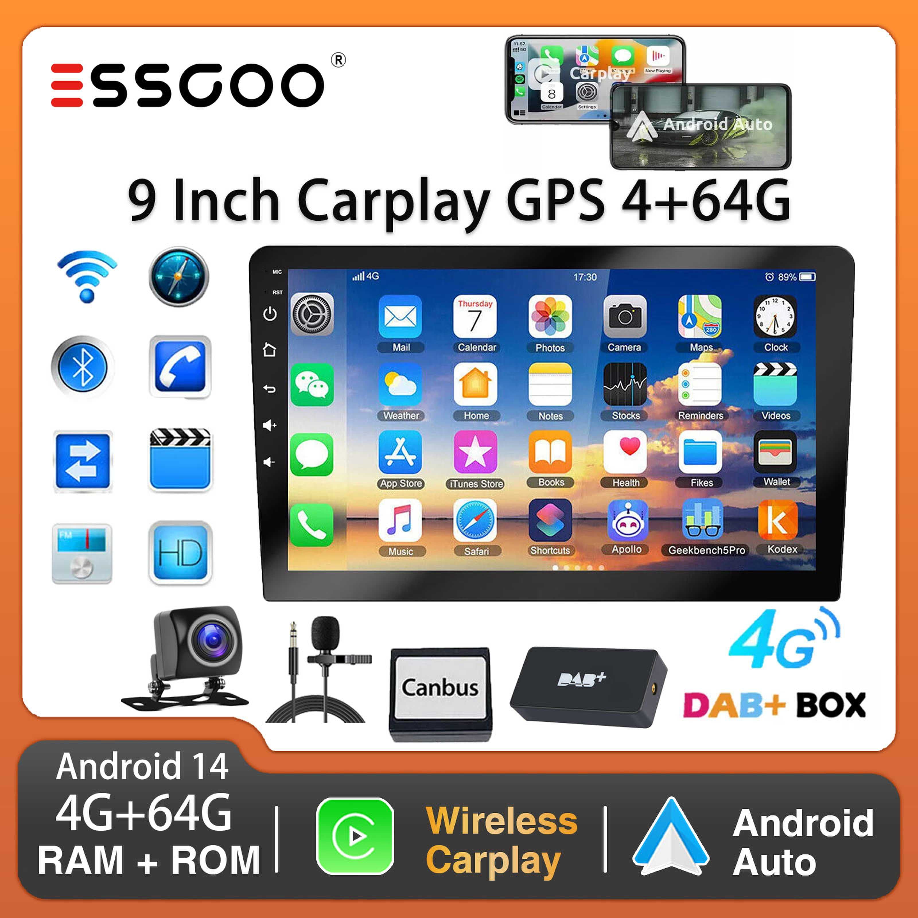 ESSGOO 9Inch 2 DIN Car Stereo Radio Wirless Carplay Android Auto Car ...