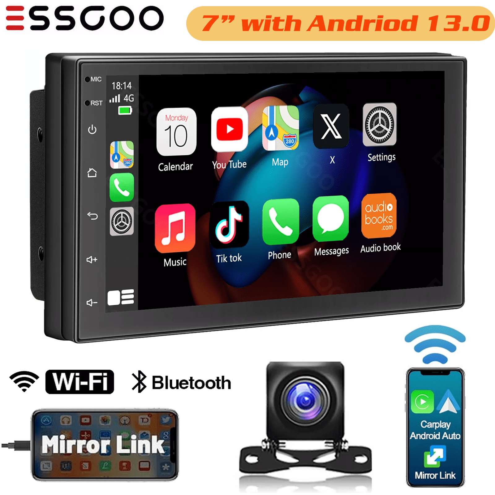 ESSGOO Double Din 7" Car Stereo Touch Screen Radio GPS , Android13.0 Apple Carplay & Android ...