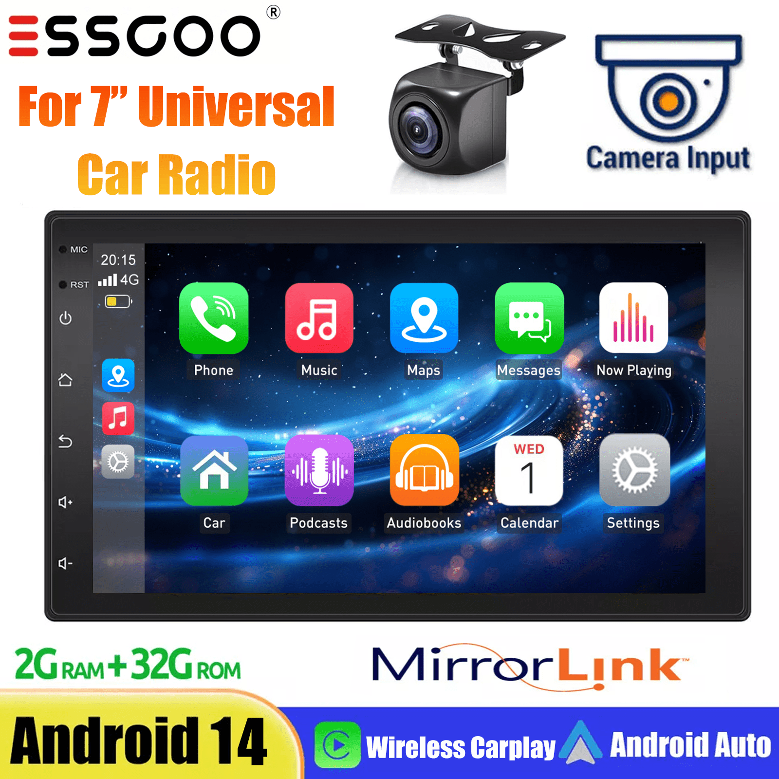 ESSGOO 2+32GB Wireless Double DIN 7" Car Stereo with Android 14.0 Apple Carplay & Android Auto ...