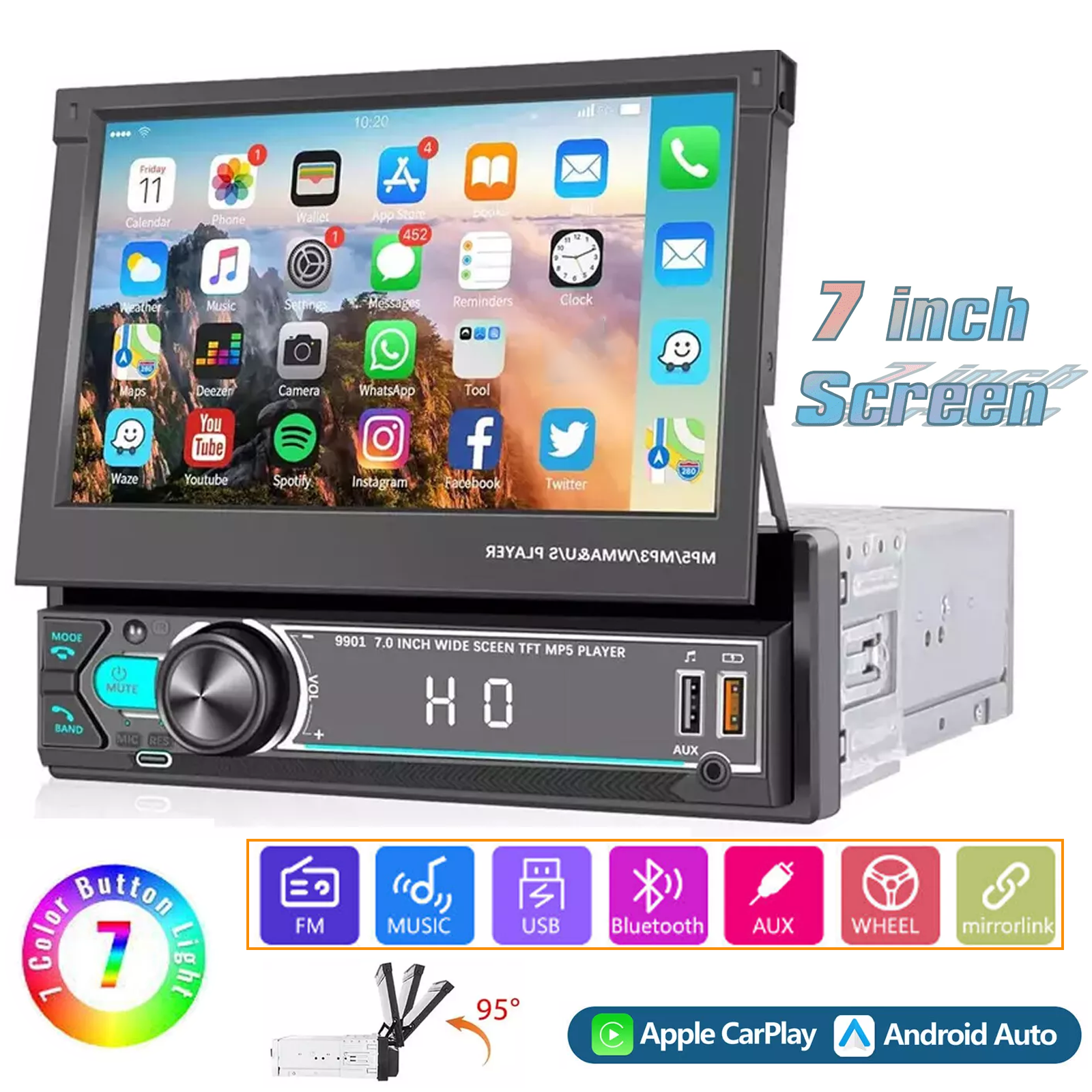 ESSGOO Flip Out Single DIN 7" Car Stereo Radio with 5.1 Bluetooth Touchscreen Carplay, Mirror ...