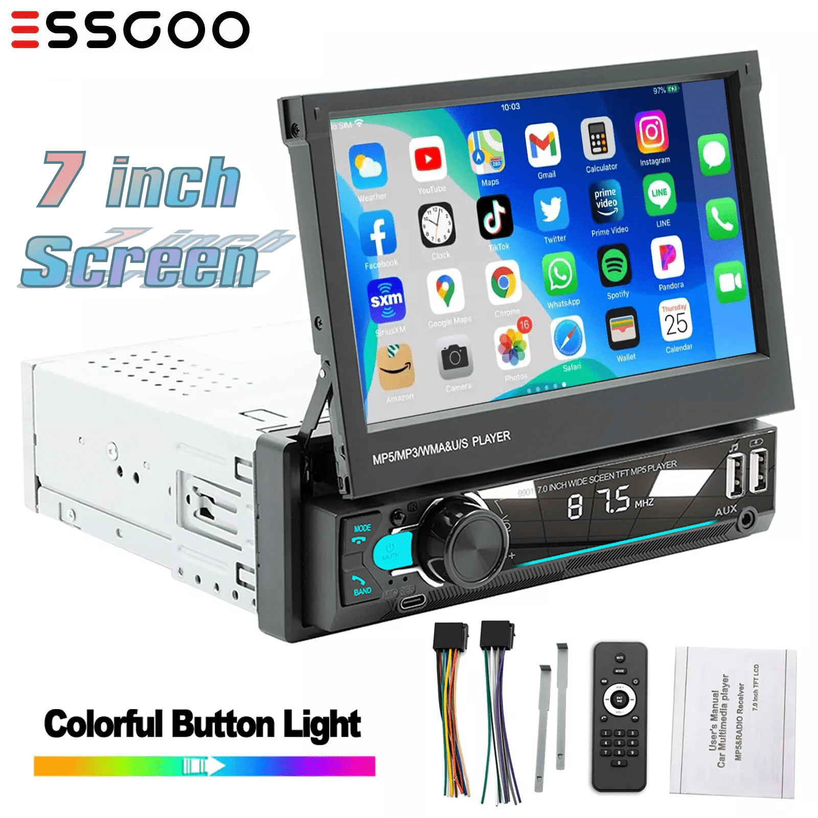 ESSGOO Flip Out Single DIN 7" Car Stereo Radio Apple Carplay & Android Auto with 5.1 Bluetooth ...