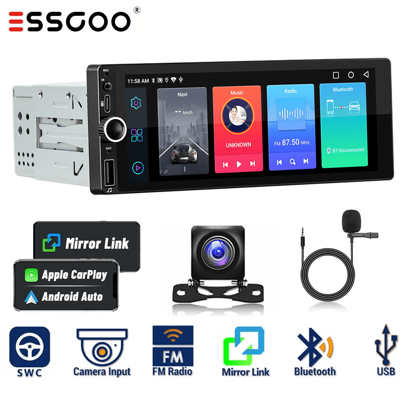 ESSGOO Single Din 6.86" Car stereo,4+64GB Android 14.0 IPS Touchscreen ...