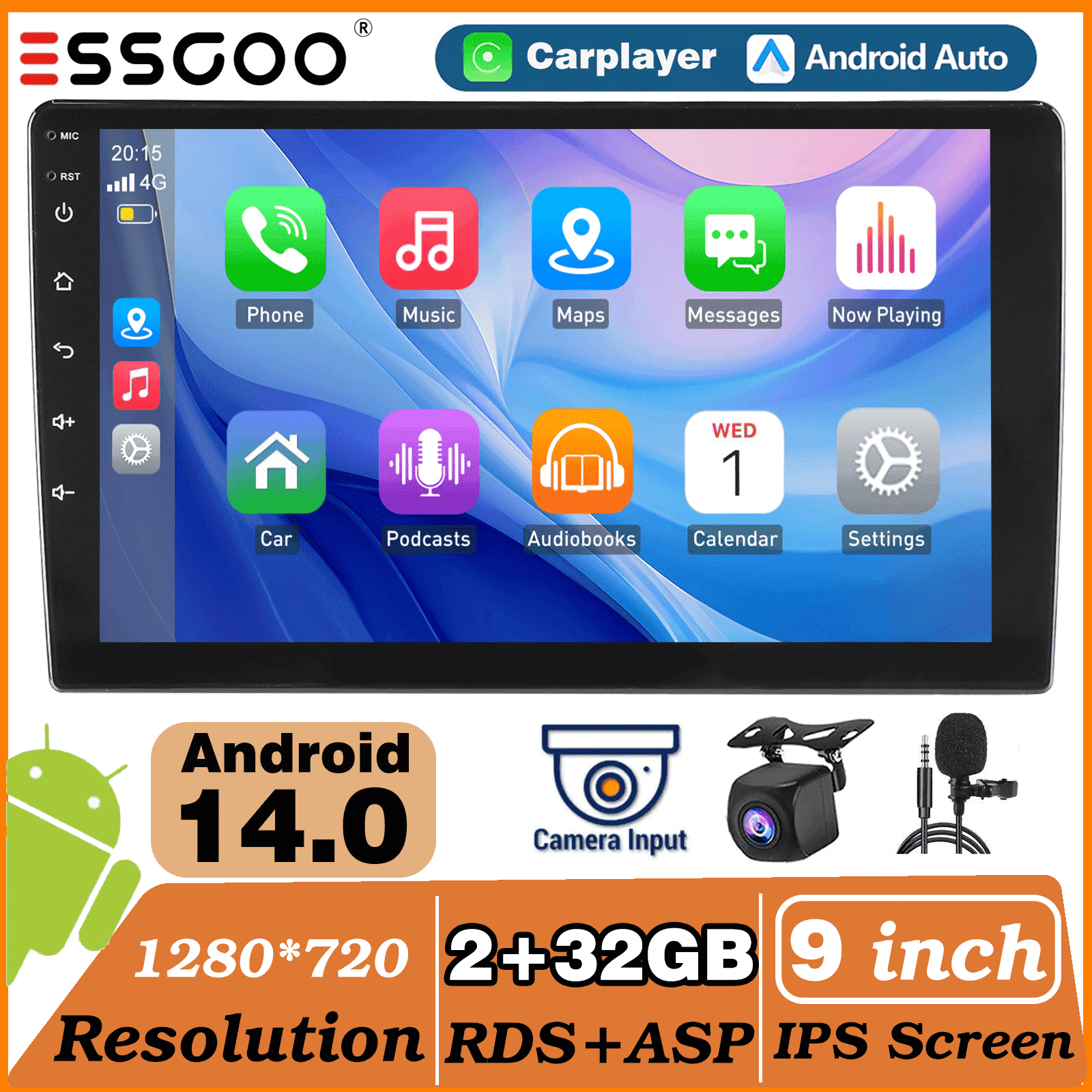 ESSGOO 2+32GB Universal Double DIN 9" Car Stereo Carplay, Apple Carplay Android Auto 1024*600p ...