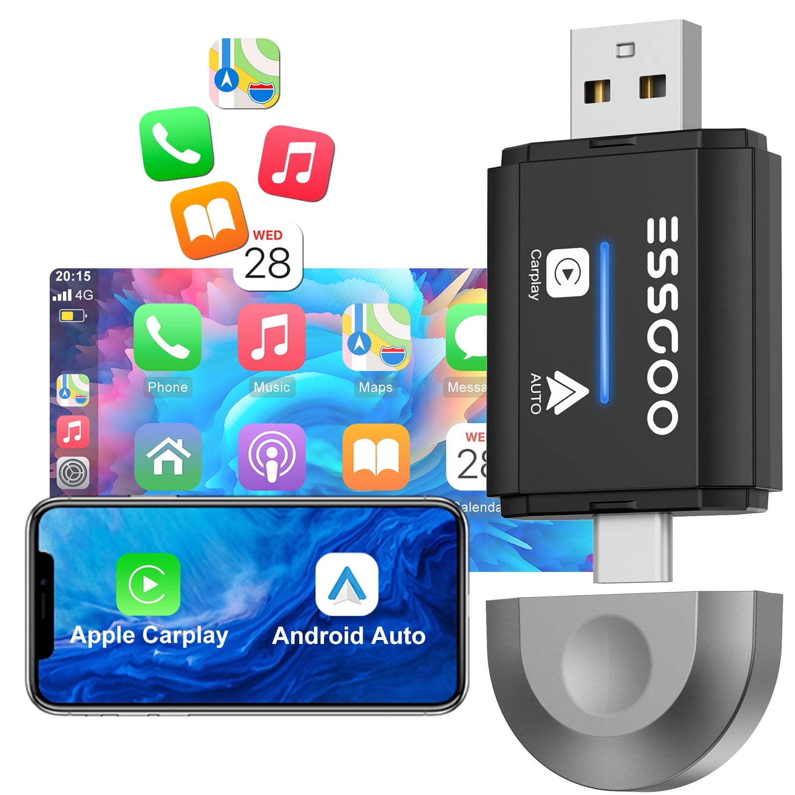 ESSGOO WY8X Wireless CarPlay Adapter for IOS & Android, Plug & Play, 5 ...