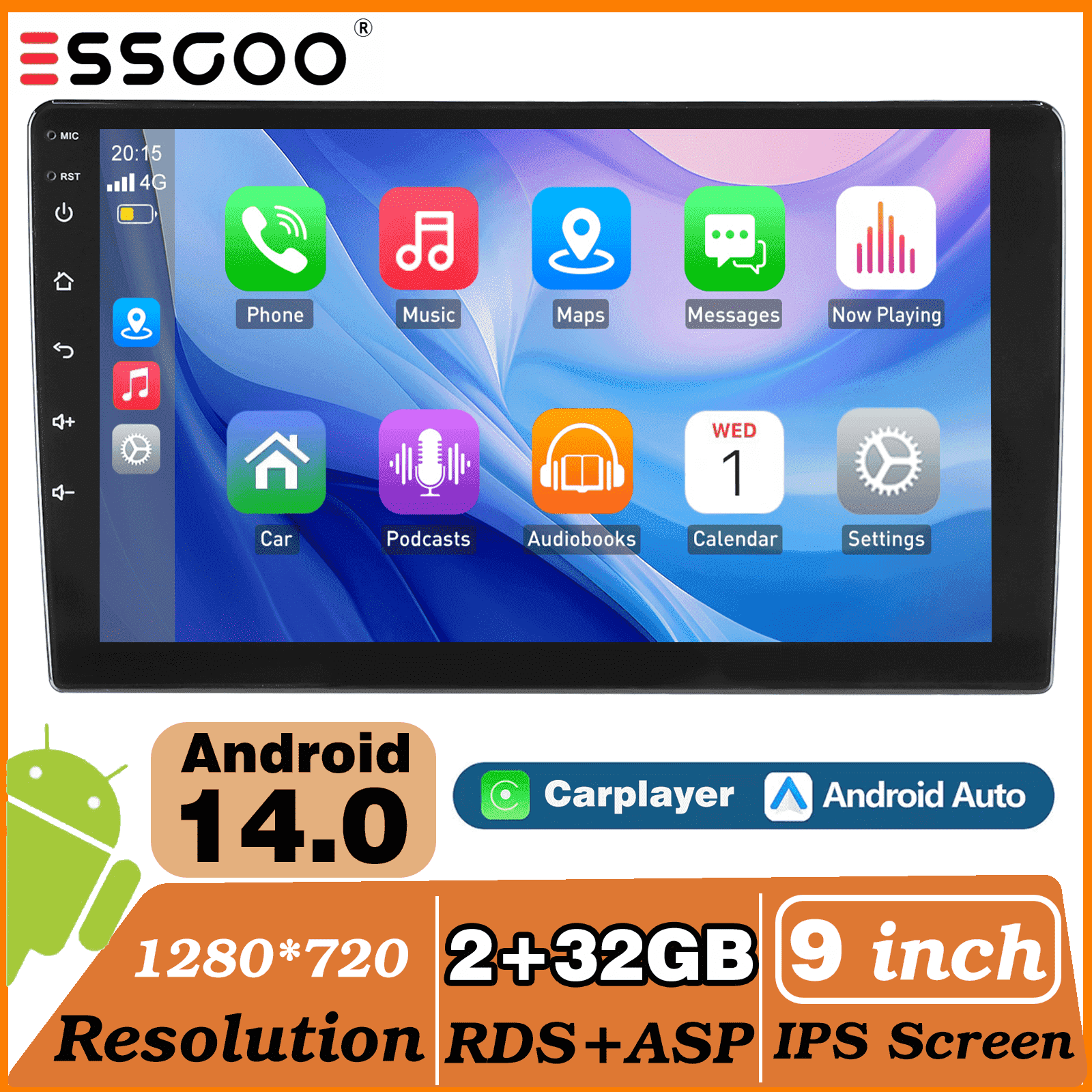 ESSGOO Wireless 2+32GB Double Din 9" Car Stereo with Apple Carplay & Android Auto, Touchscreen ...