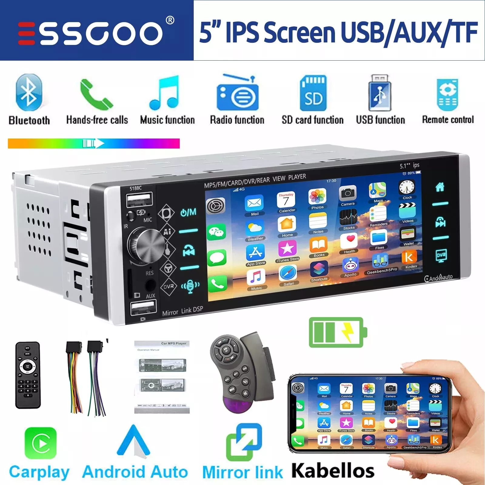 ESSGOO Wireless Single Din Car Stereo with Apple Carplay & Android Auto ...