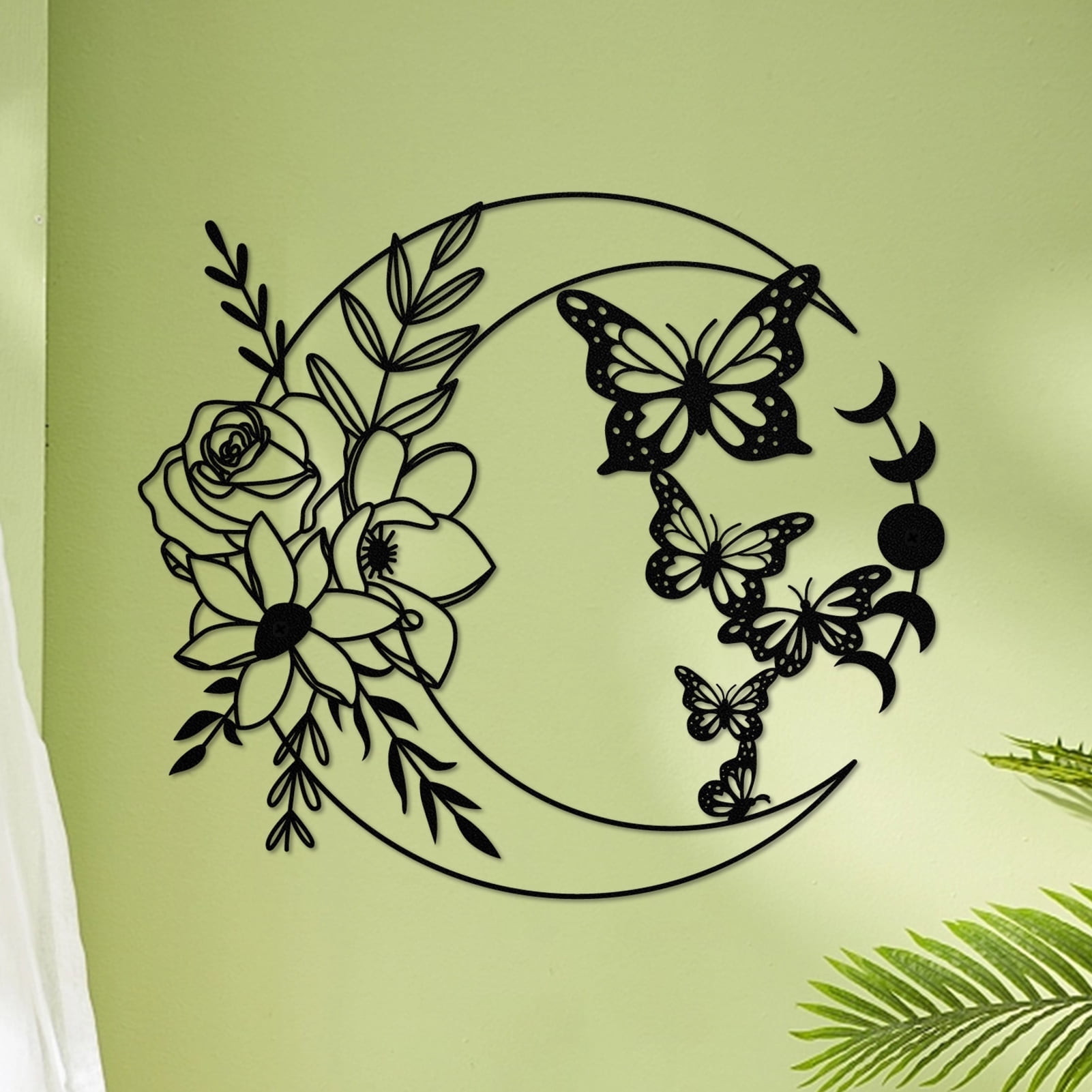 ESTART Black Metal Moon Wall Art, Floral Butterfly Decor, Bohemian ...