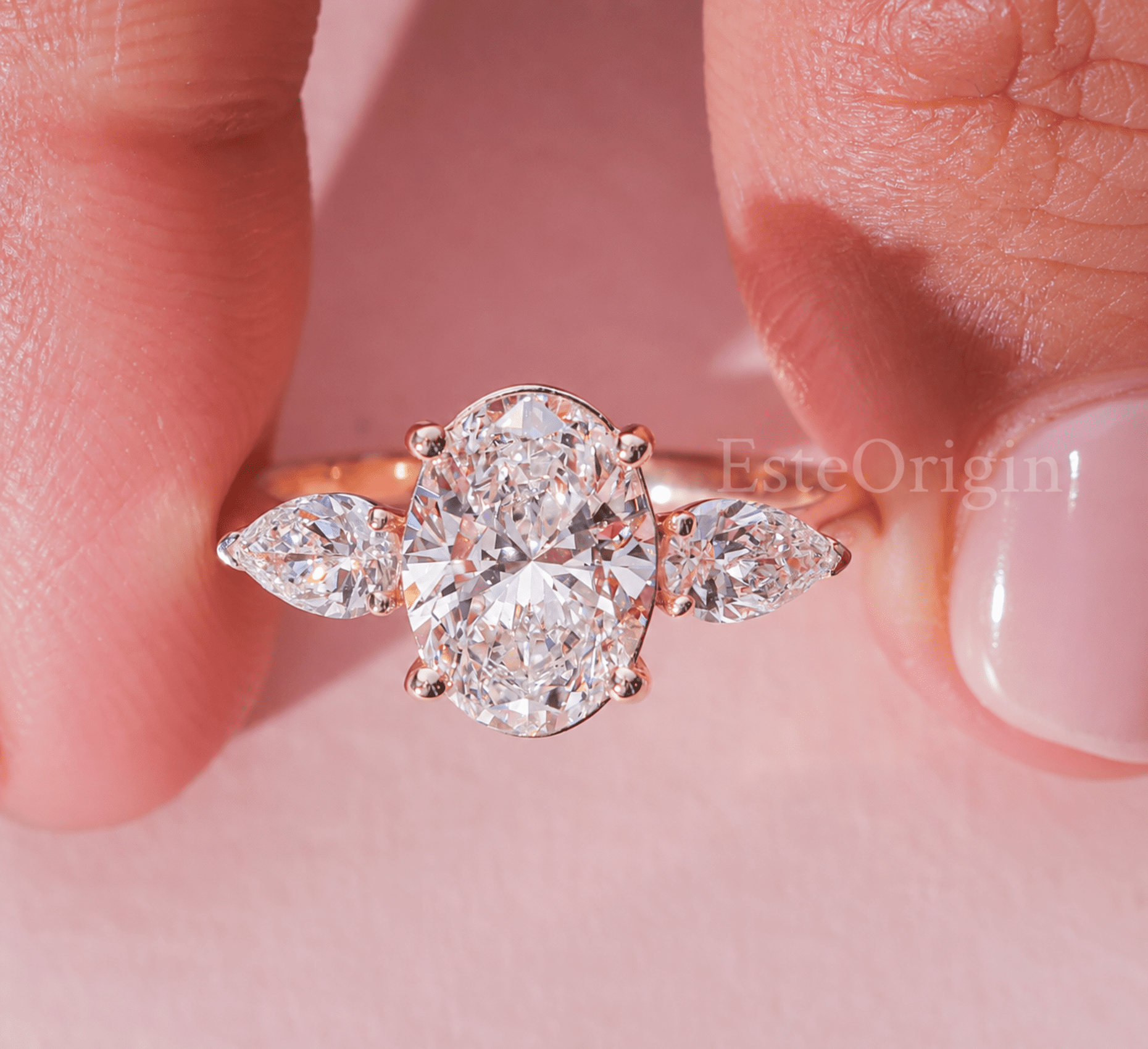 ESTE ORIGIN 2.00 Ct Oval Moissanite Three Stone Cathedral Engagement ...