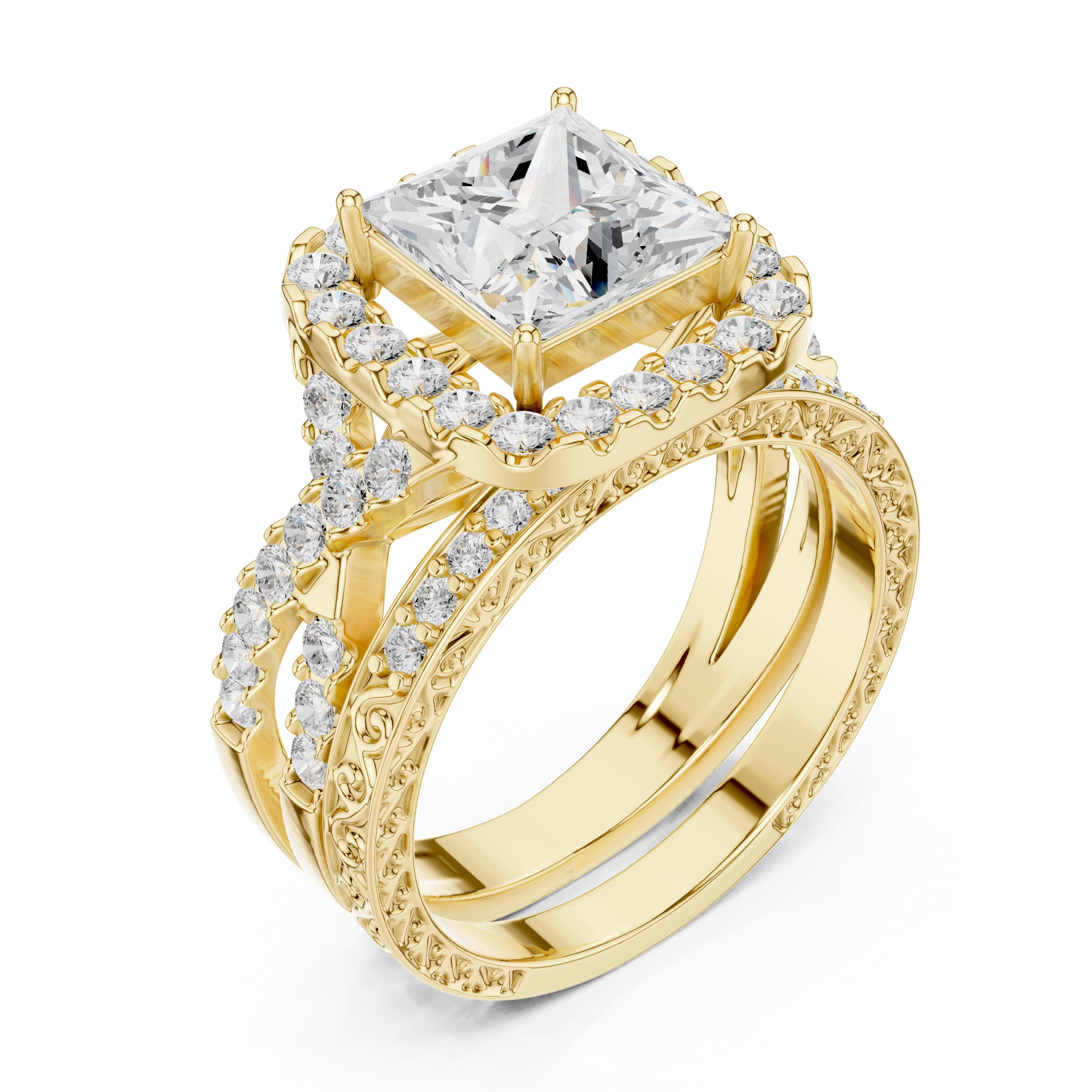 ESTE ORIGIN 2ct Princess Moissanite Halo Wedding Ring Set - Vintage ...