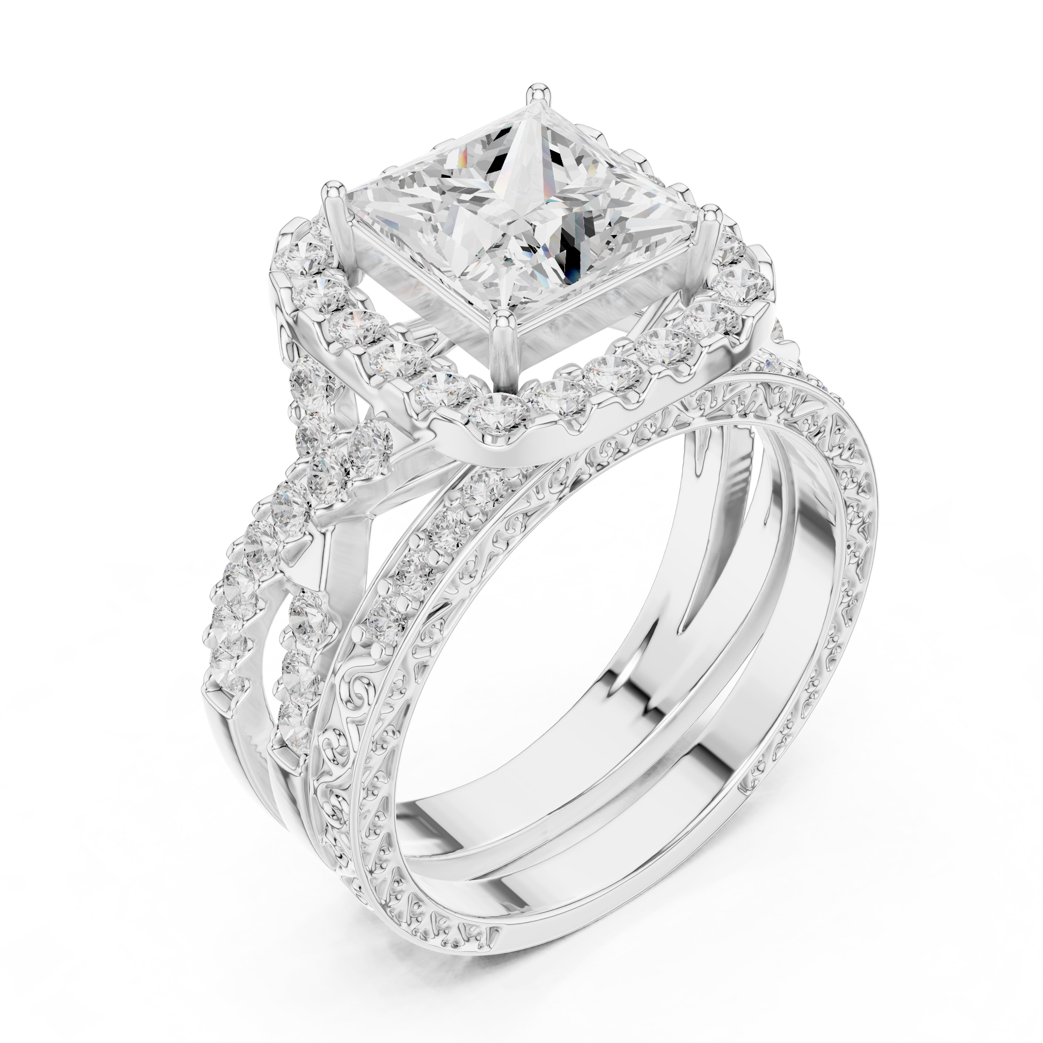 ESTE ORIGIN 2ct Princess Moissanite Halo Wedding Ring Set - Vintage ...