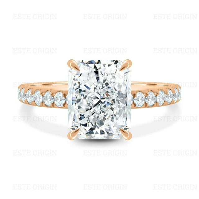 ESTE ORIGIN 3Ct Radiant Moissanite Solitaire Ring with Hidden Halo and Pavé Band in 18K Rose ...