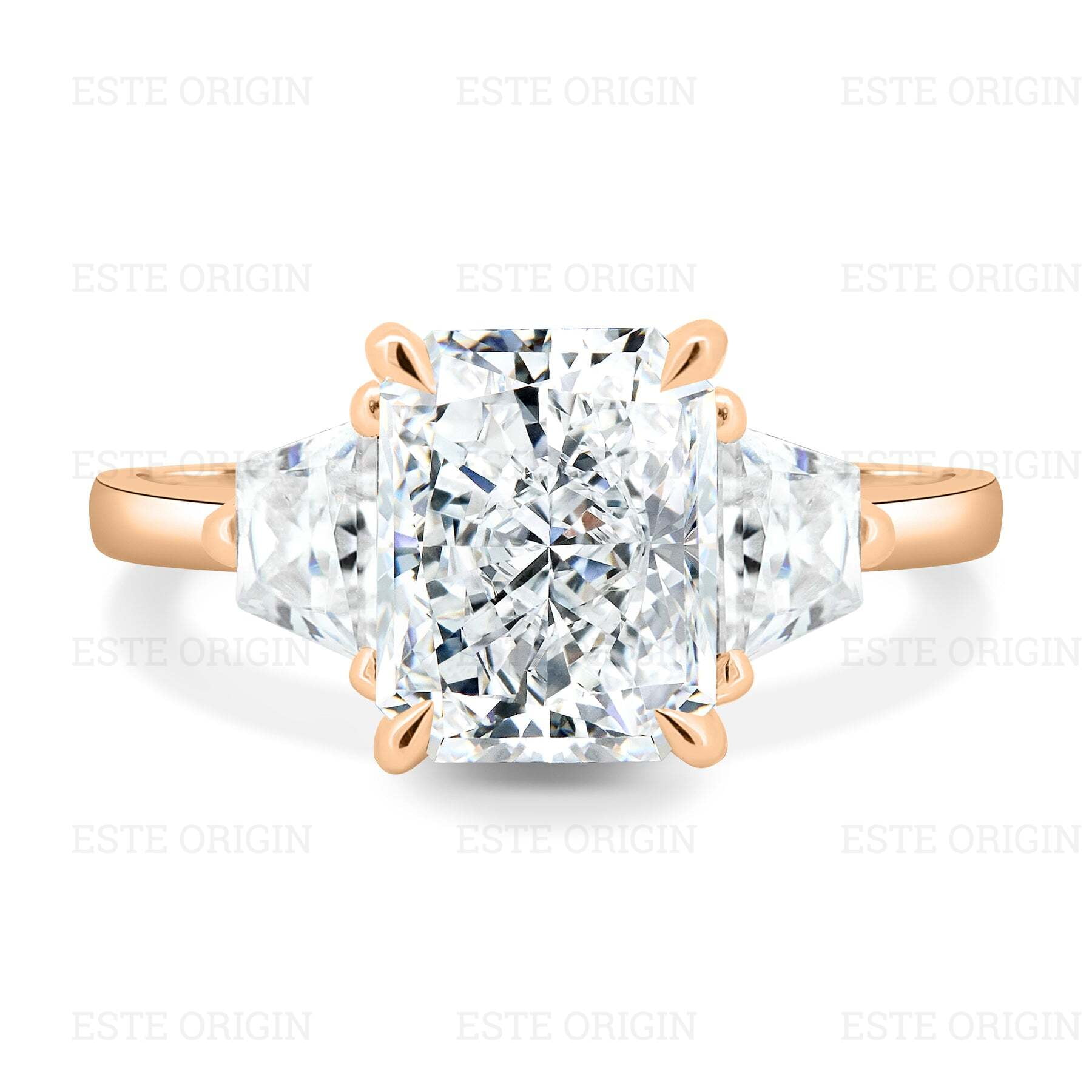 ESTE ORIGIN 4Ct Radiant Cut Moissanite Trilogy Ring with Trapezoid Accents in 18K Rose Gold for ...