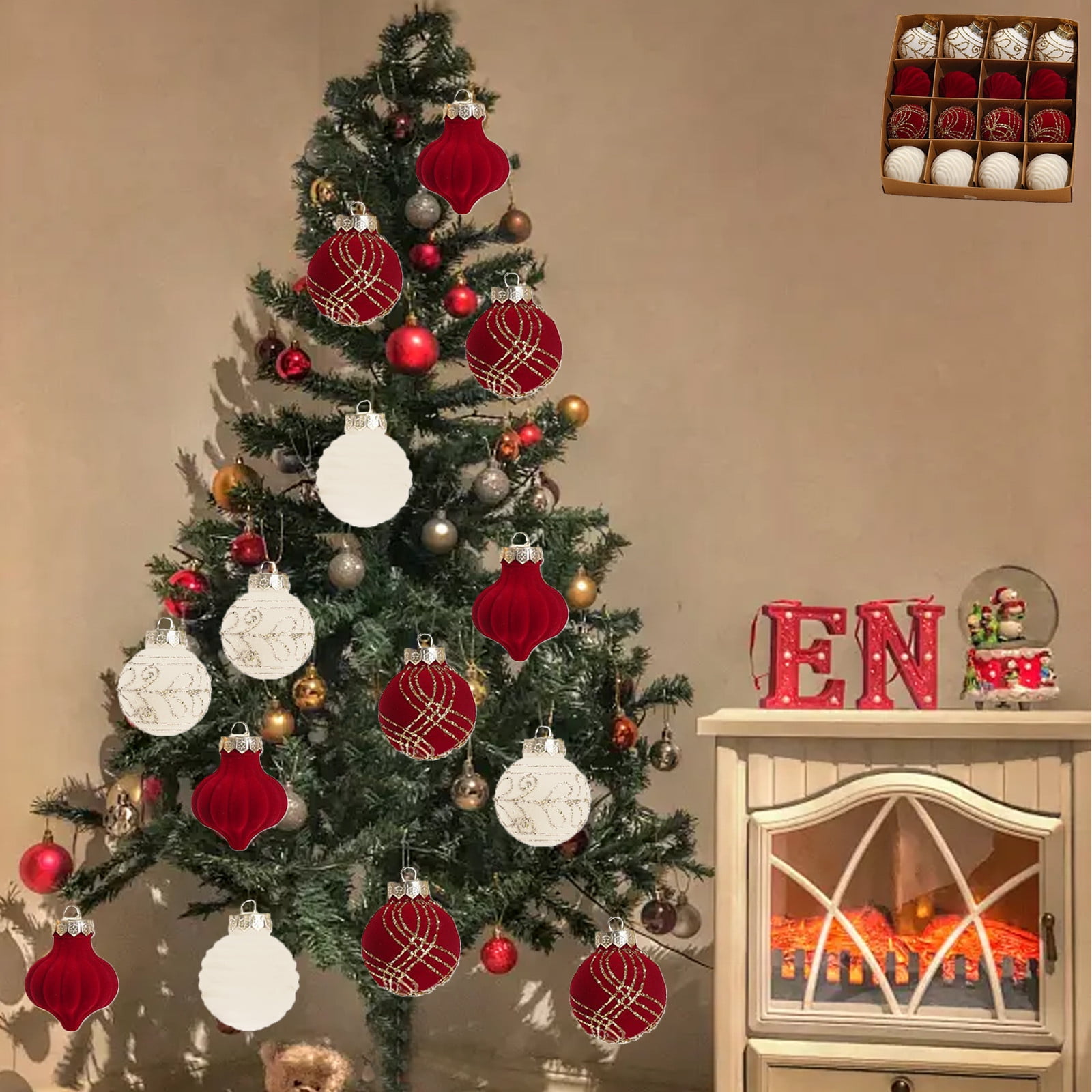 ESULOMP 16 Pcs Velvet Christmas Balls, Flocked Christmas Tree Ball ...