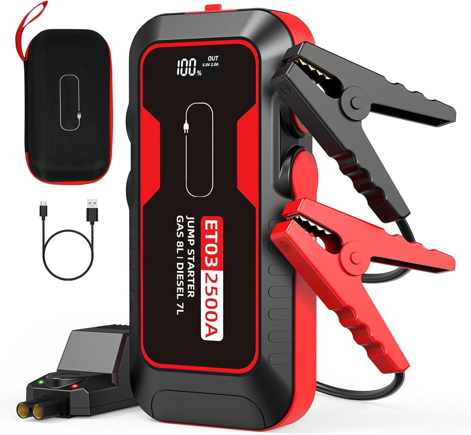 ET03 Car Jump Starter 2500A Jump Starter Battery Pack for Up to 8.0L ...