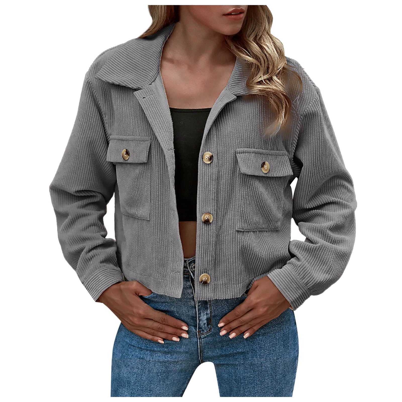ETCONEN Womens Fashion Cropped Shacket Button Down Corduroy Shacket ...