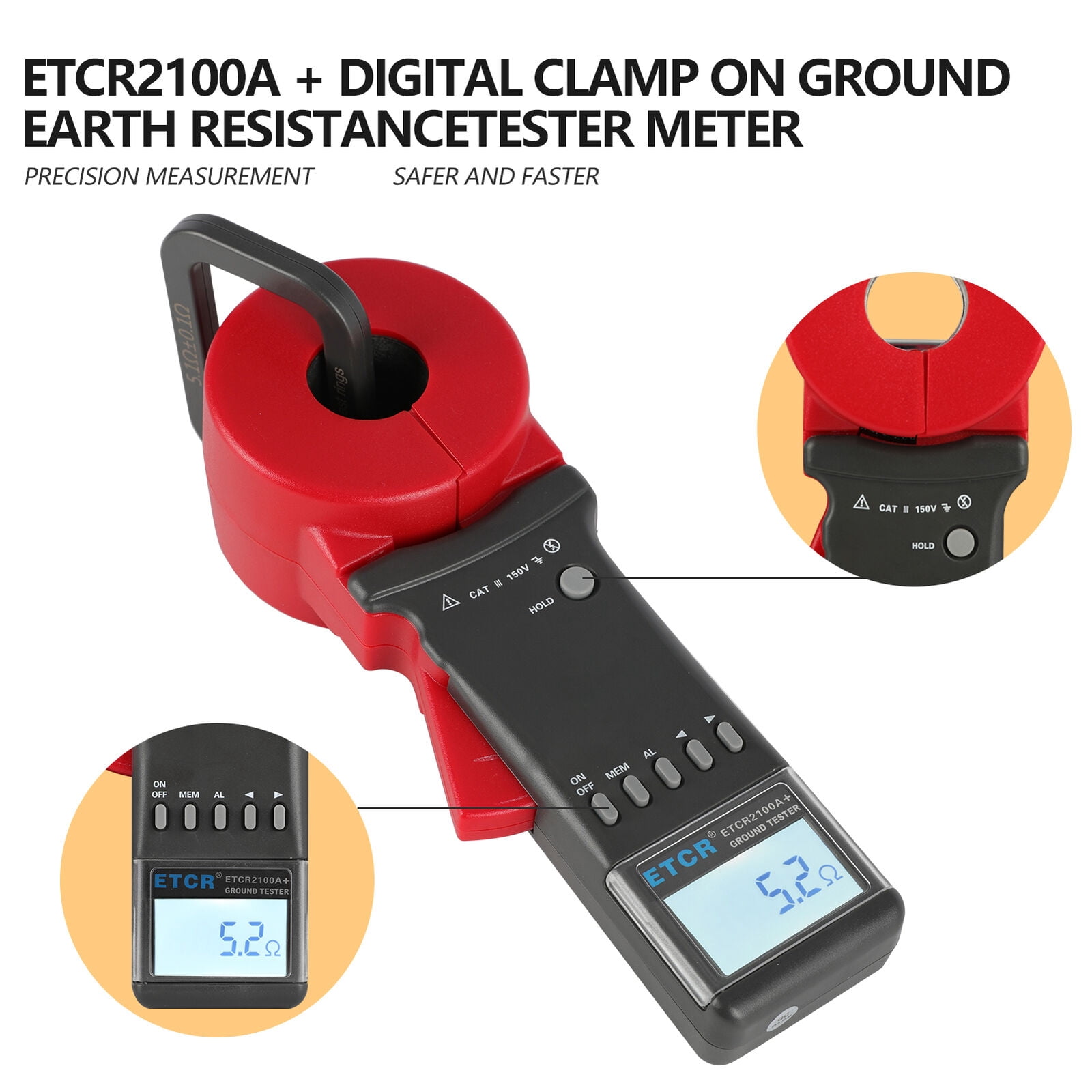 ETCR2100A+ Digital Clamp On Ground Earth Resistance Tester Meter 0.01 ...