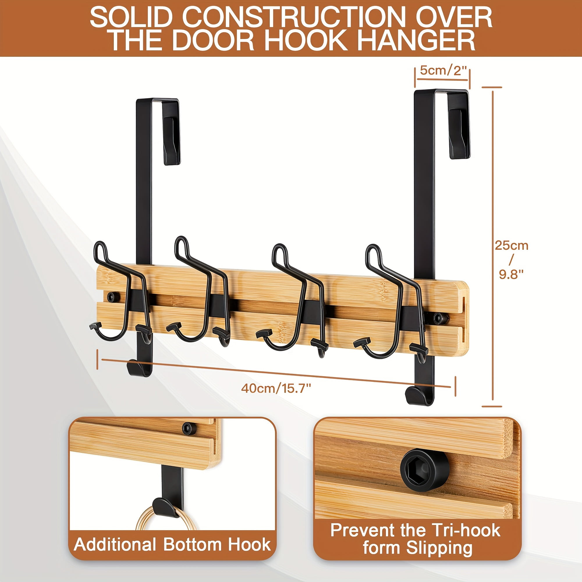 ETECHMART Bamboo Over-the-Door Hook With 4 Adjustable Hooks, Heavy-Duty ...