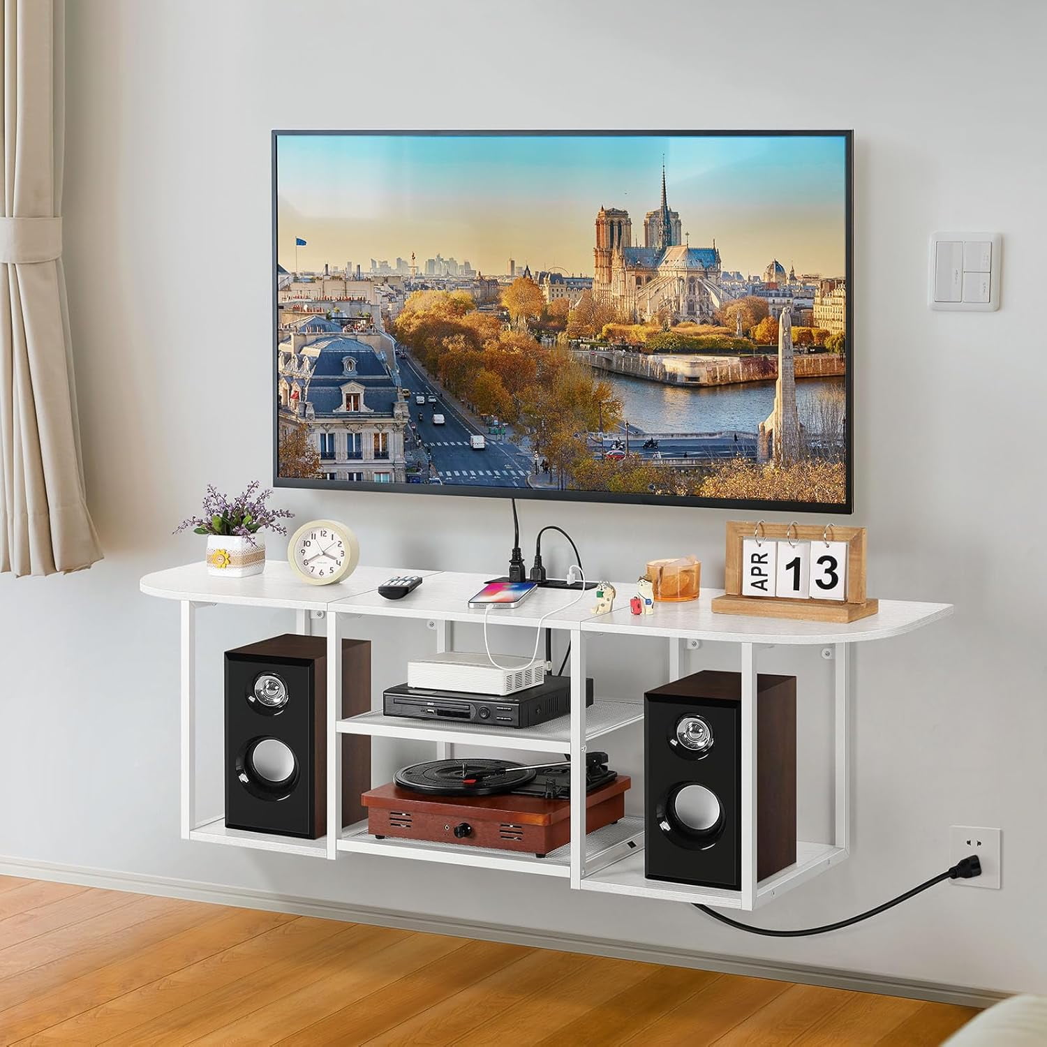 ETELI Floating Wall TV Shelf with Charging Station Under TV Stand Table ...