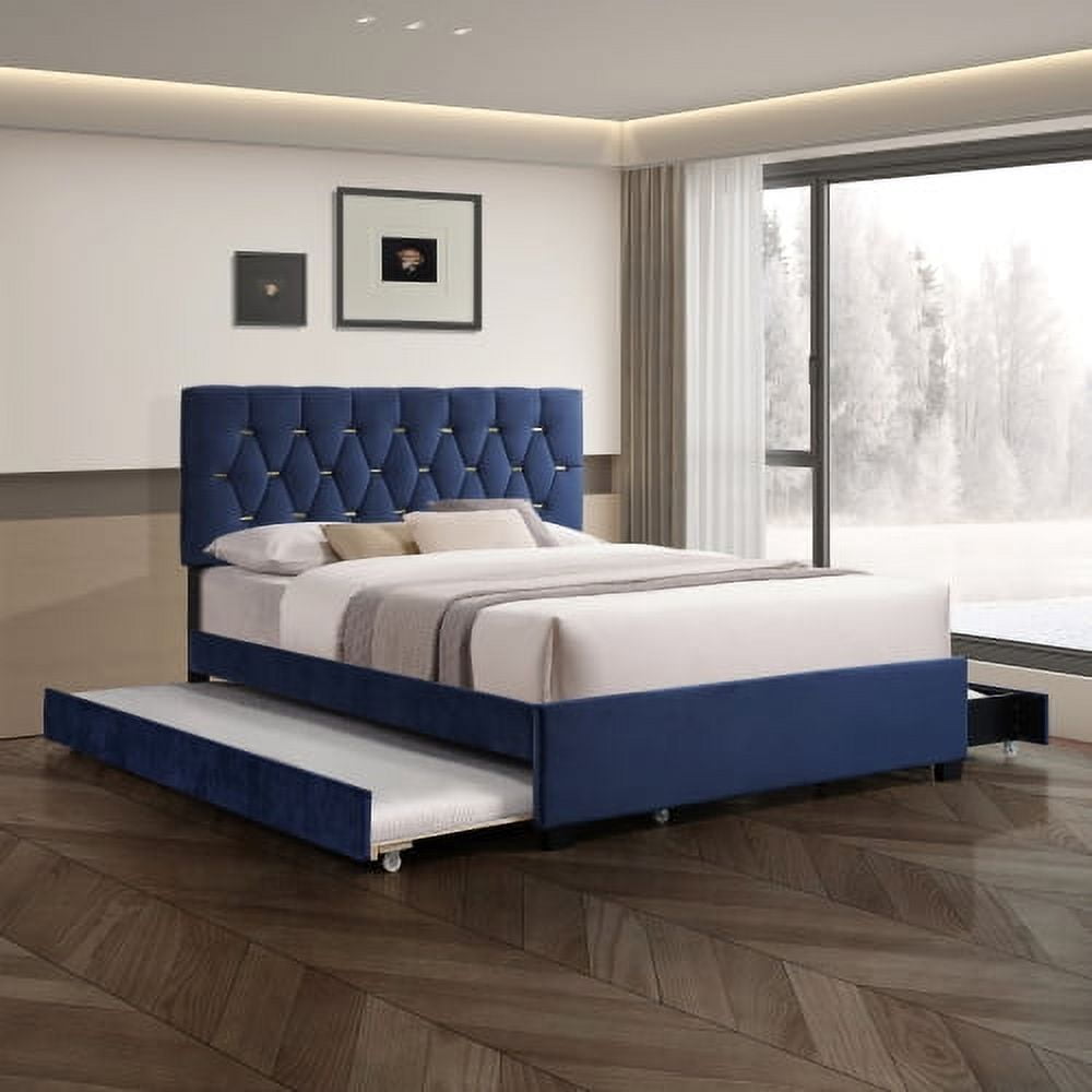 ETEPON Blue Queen Size Trundle Bed with Storage Drawers, Upholstered ...