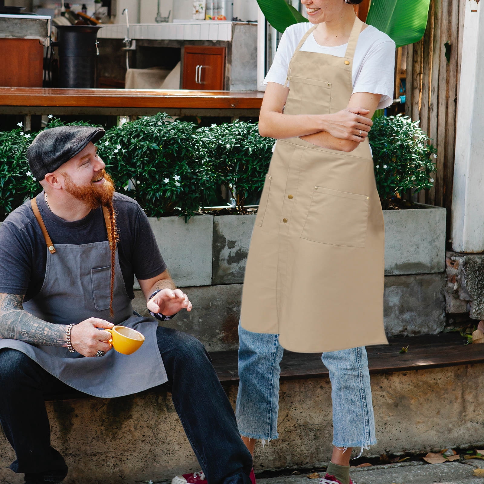 ETEREAUTY Comfortable Khaki Artist Smock Apron with Pockets for ...