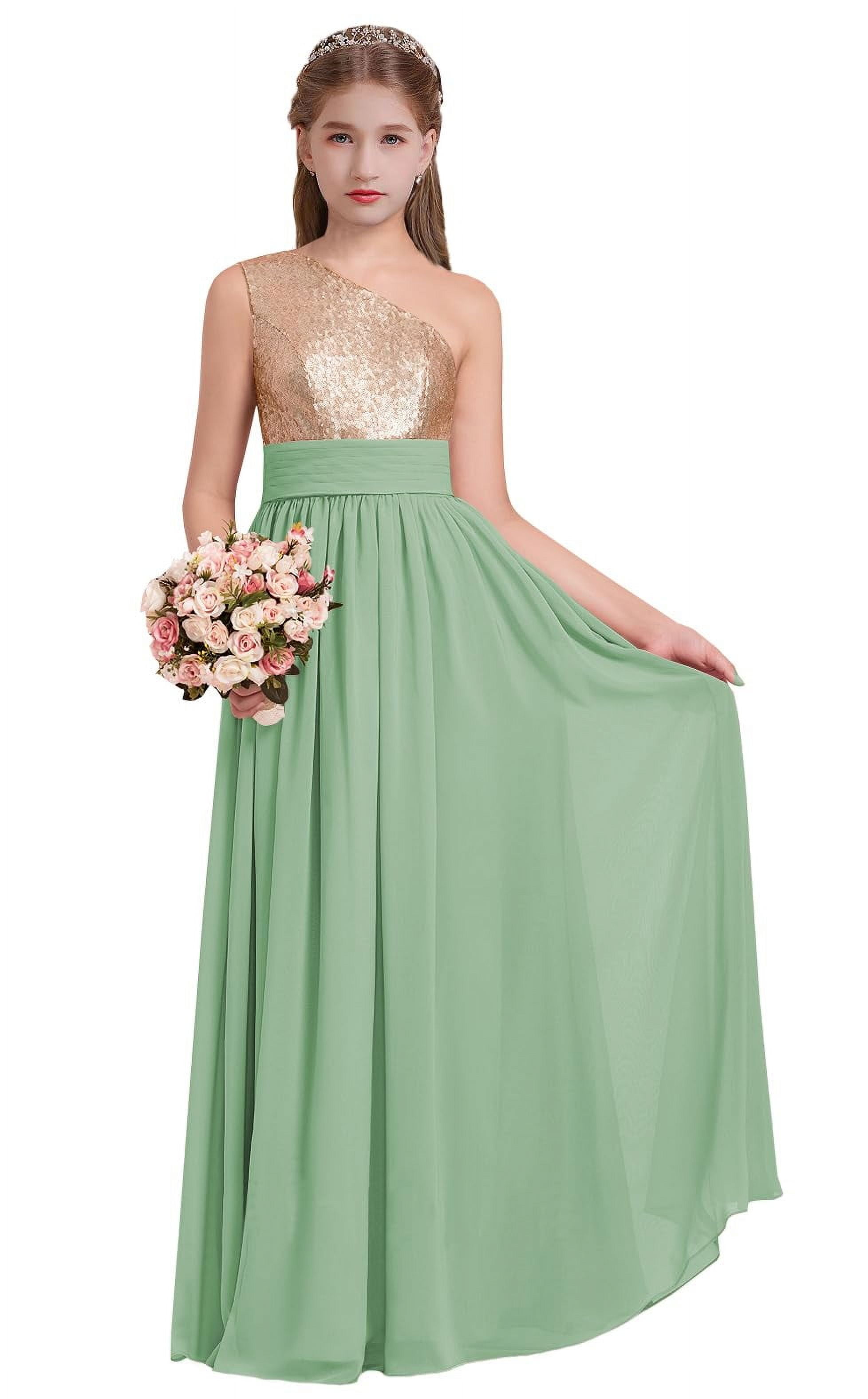 ETHAN A-Line One-Shoulder Floor-Length Chiffon Junior Bridesmaid Dress With Ruffle Sage Green ...