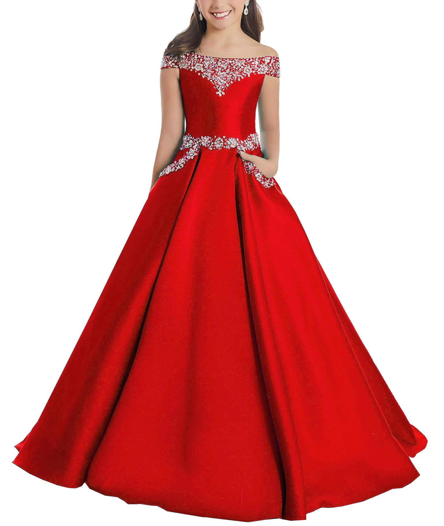 ETHAN Girls Satin Off The Shoulder for Pageant Dresses Long Princess ...