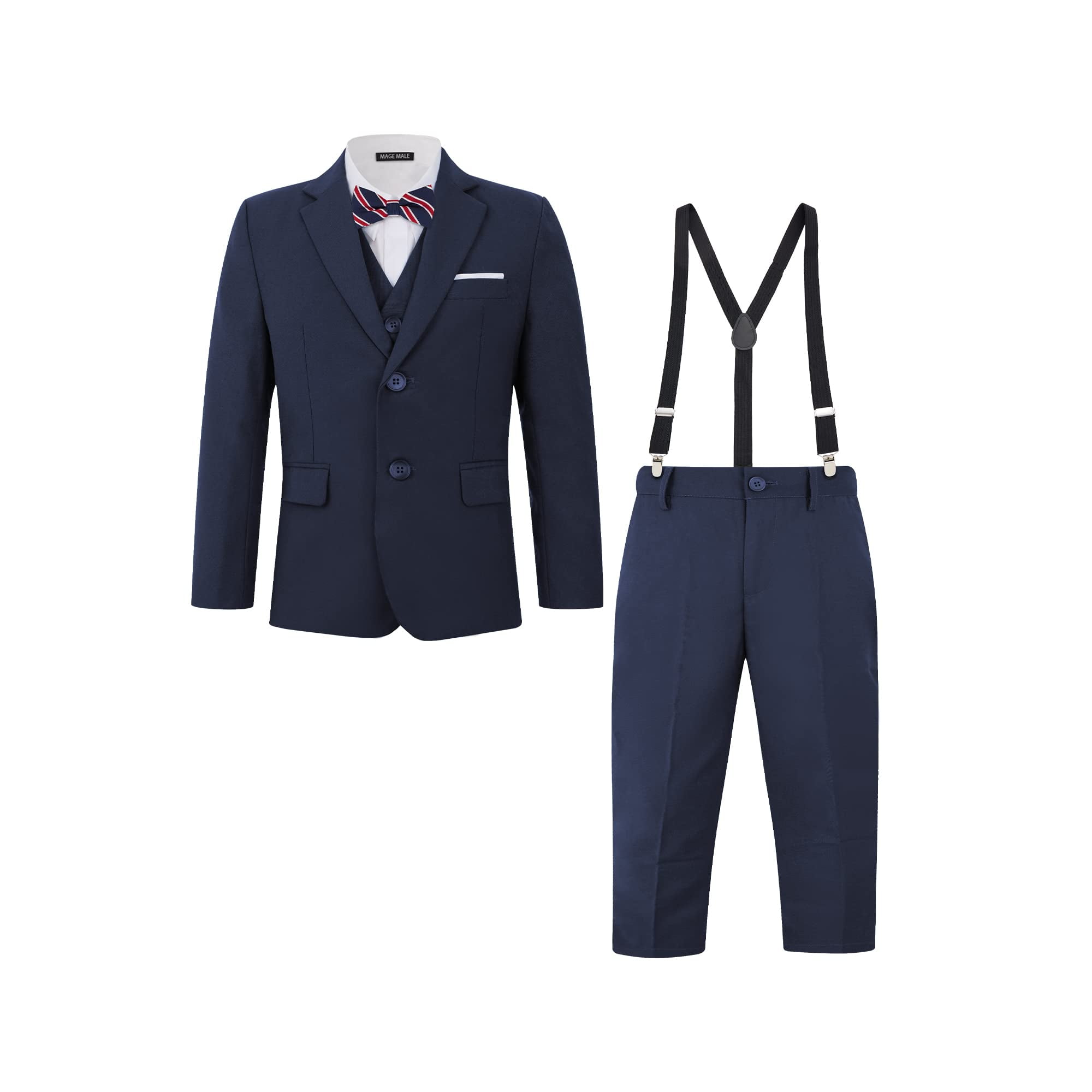 ETHAN Toddler Boys Wedding Suit Navy Blue Suspender Formal Kids Suit ...
