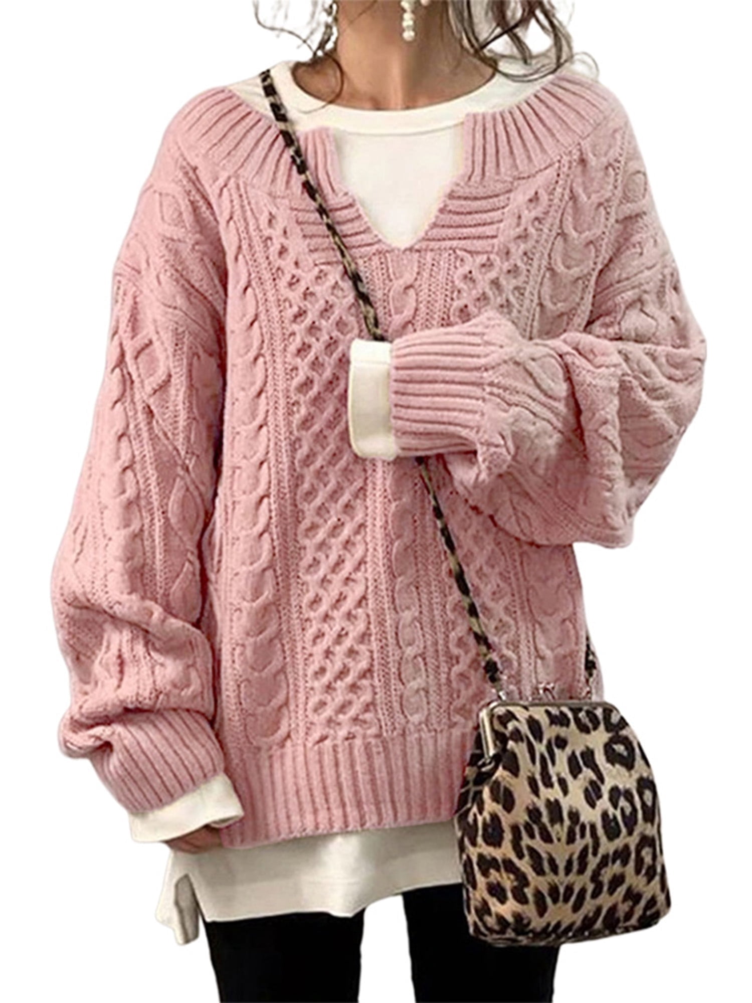 ETHAN Womens V Neck Sweaters Long Sleeve Cable Knit Pullover Jumper ...