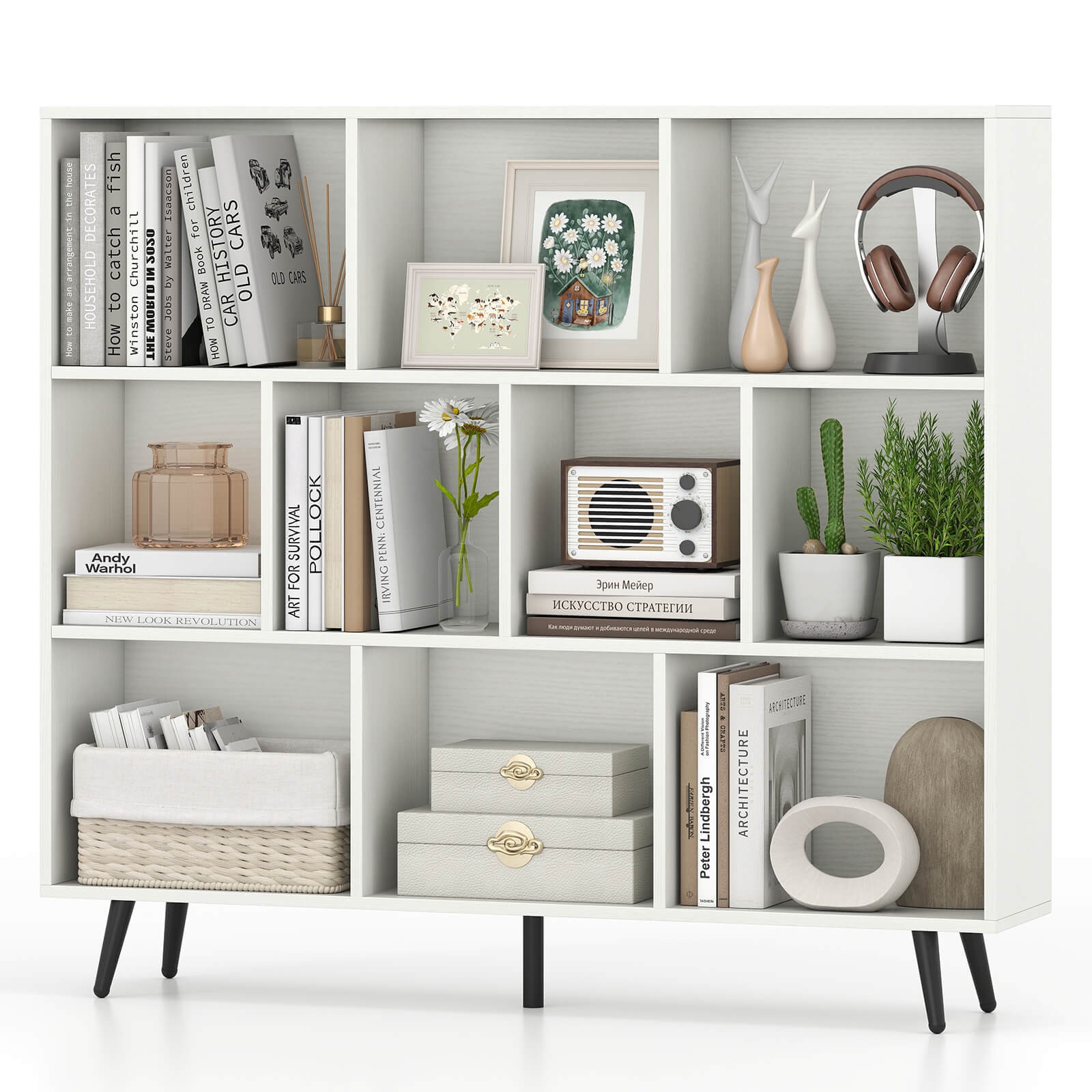 ETHRF 10 grid bookshelf (white+black) with multi zone storage, metal ...
