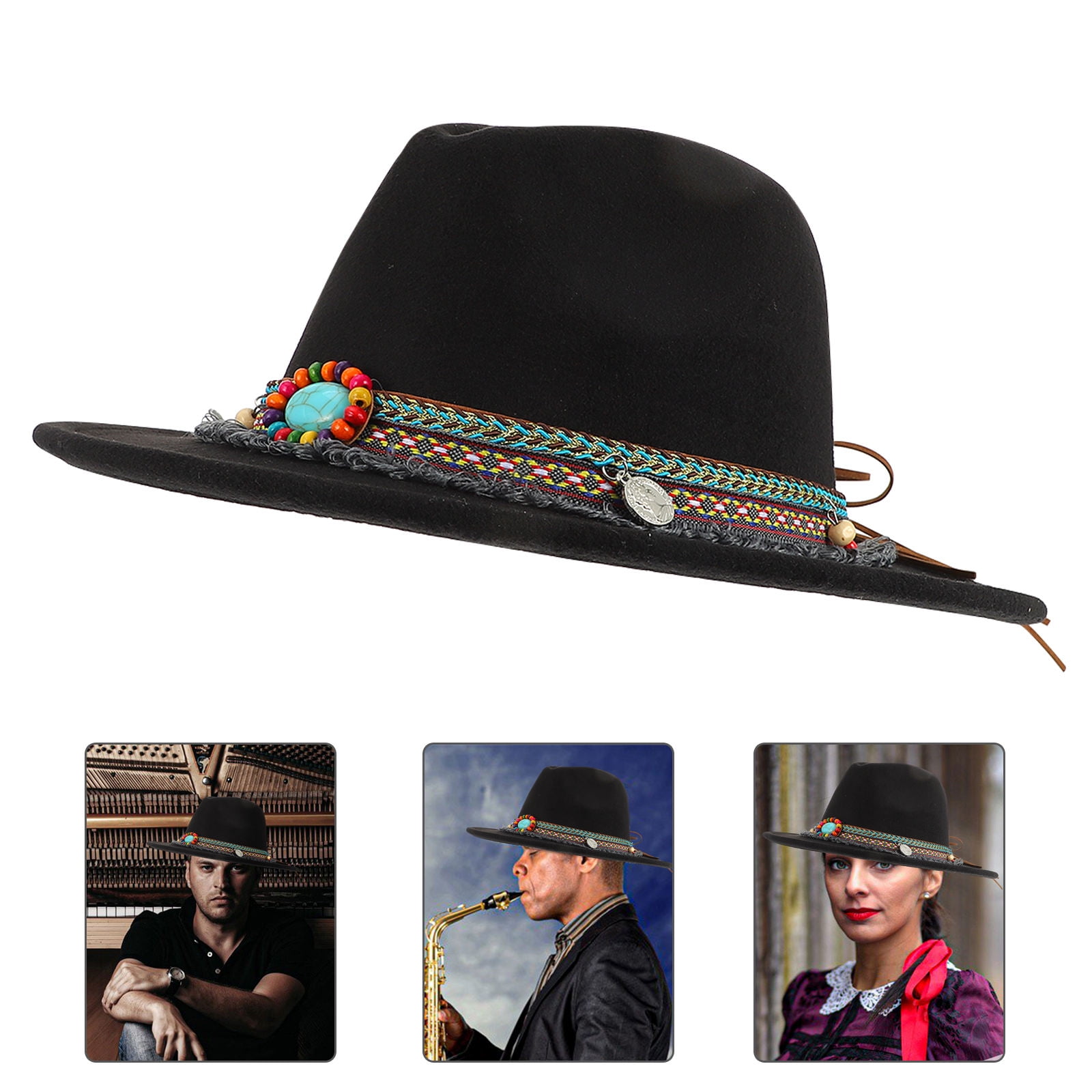 ETHZZLE 1Pc Black Woolen Ethnic Style Fedora Jazz Hat Felt Material Sun ...