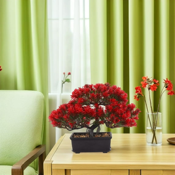 ETHZZLE Artificial Bonsai Tree Red Plastic with Pot for Home Office ...