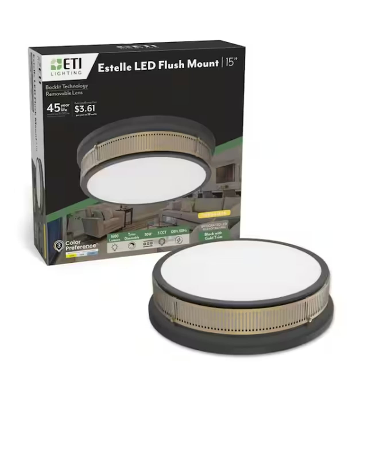 ETI 15” Estelle Flush Mount, Black Finish with Gold Trim, 1600 Lumens ...