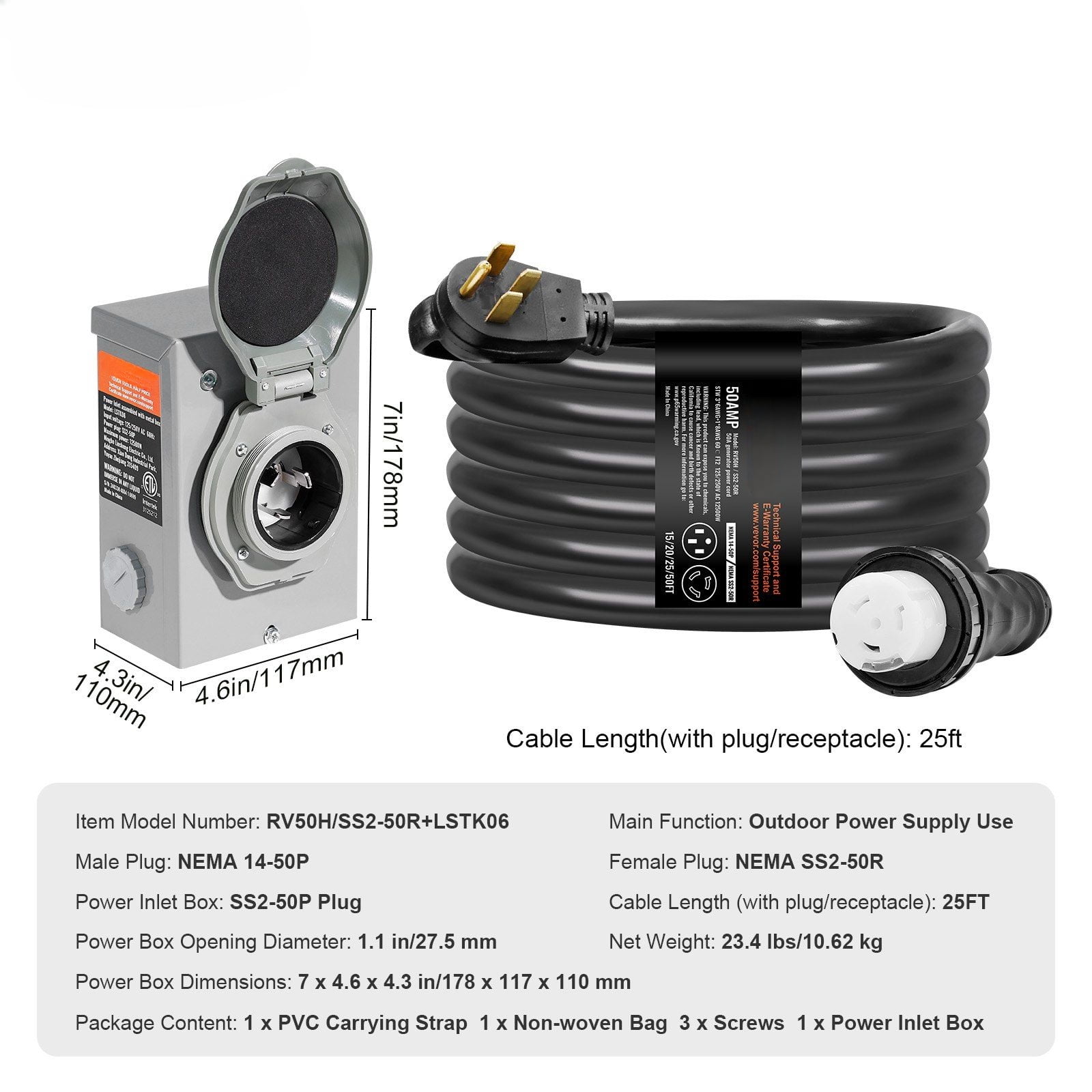 ETL Approved 50A Generator Cord 25FT with Inlet Box, NEMA 14-50P/SS2 ...