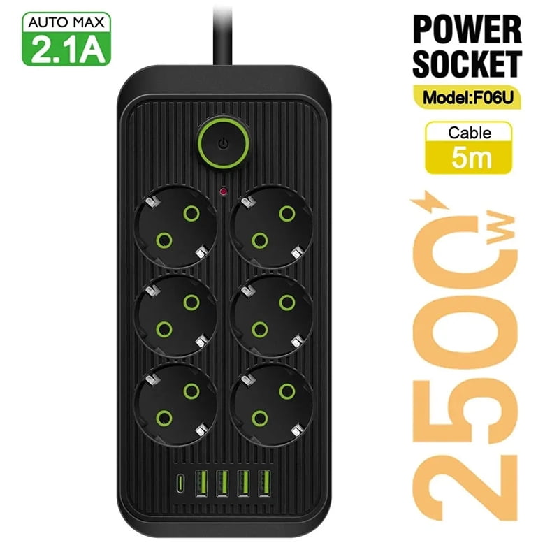 EU Plug 6AC Outlets Multitap Socket Extension Cord 2M 5M Electrical ...