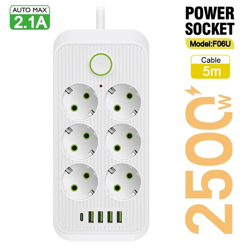 EU Plug 6AC Outlets Multitap Socket Extension Cord 2M 5M Electrical ...