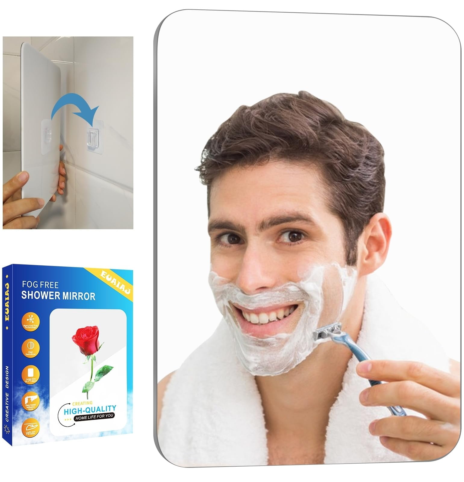 EUAIAJ Fogless Shower Mirror, Large(10.2x7.8in) & Includes 2 Adhesive ...