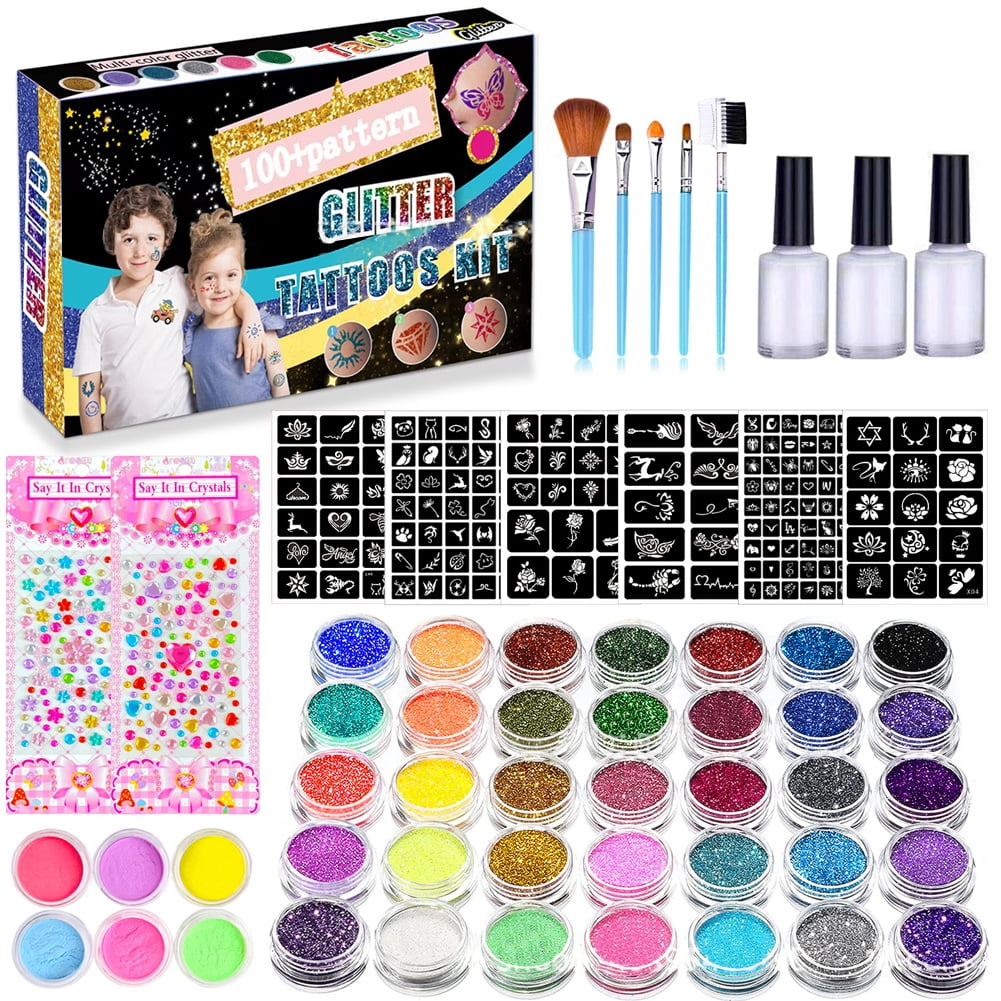 EUBUY Glitter Temporary Tattoo Kit for Kids 35 Body Glitters Powder 6 ...