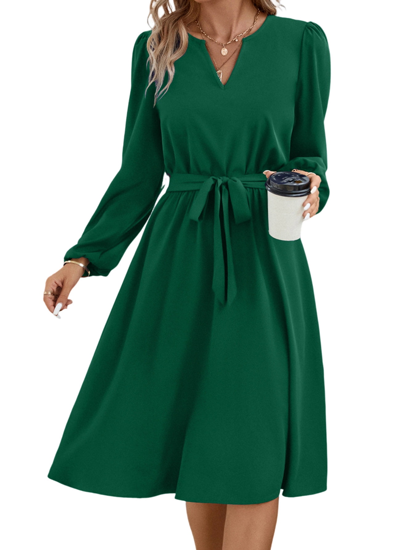 EUBUY Womens Autumn Dress Long Sleeve U-Neck Midi Robe Fresh and Sweet ...
