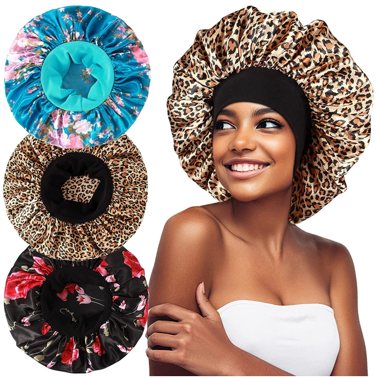 EUDHYAC 3PCS Extra Large Satin Bonnets for Black Women, Big Hair Cap ...