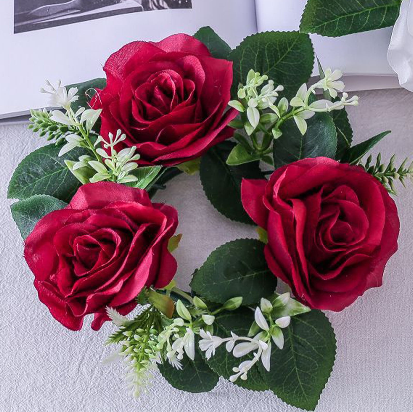 EUDIDV Artificial Roses Decor Rose Candle Wreath Artificial Silk Flower ...