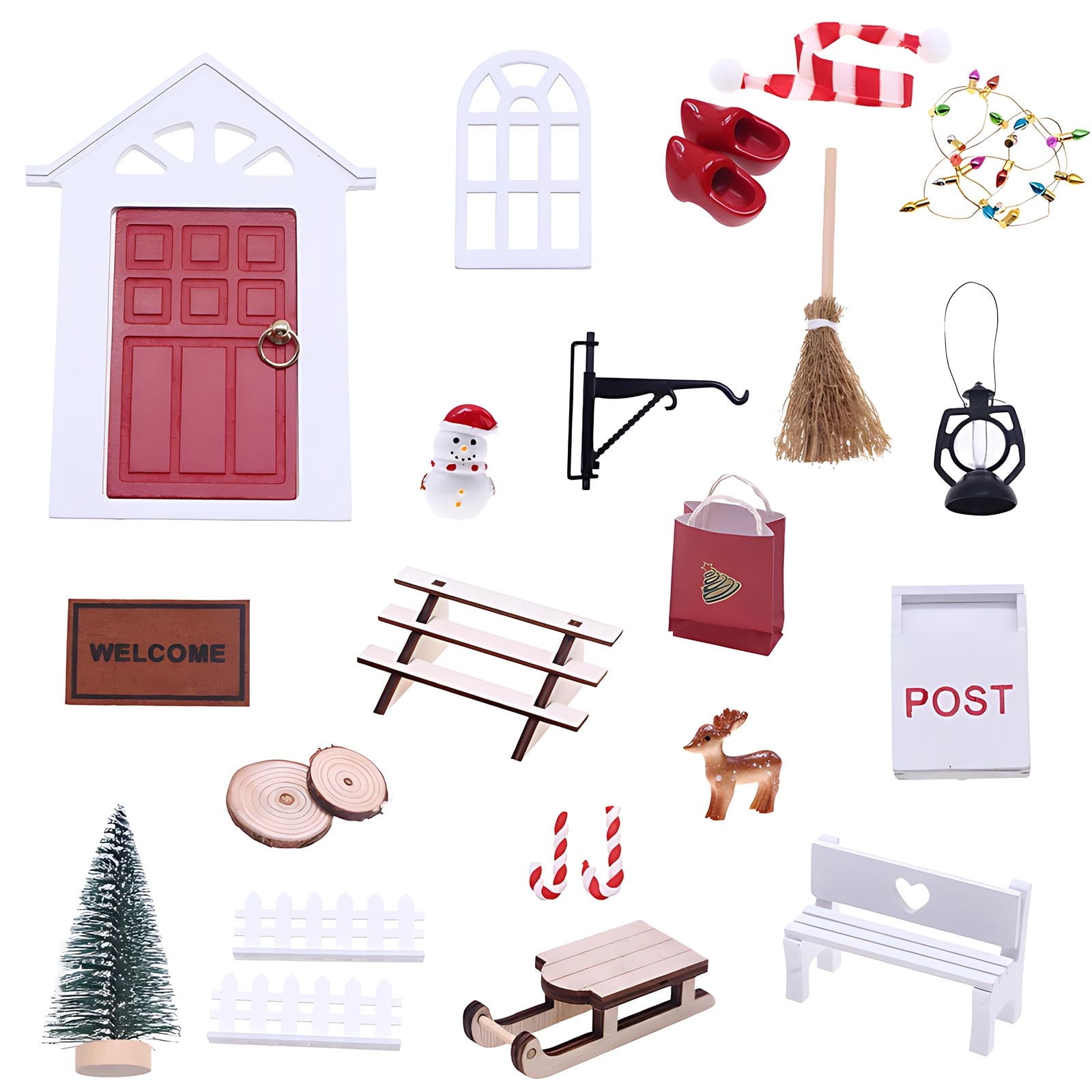 EUDIDV Xmas Ornaments Mini Open Red Door Christmas Set Miniature Scene ...