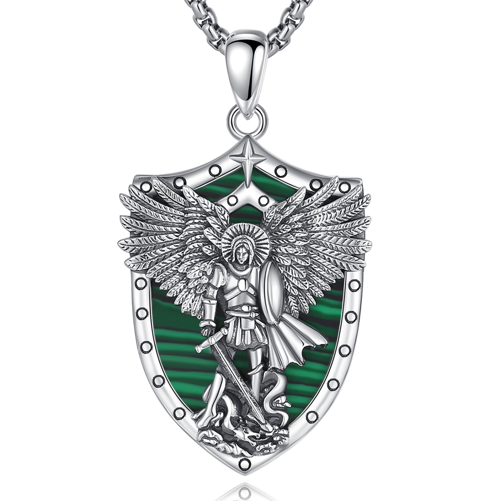 EUDORA 925 Sterling Silver St Michael Necklace for Women Men, Malachite ...