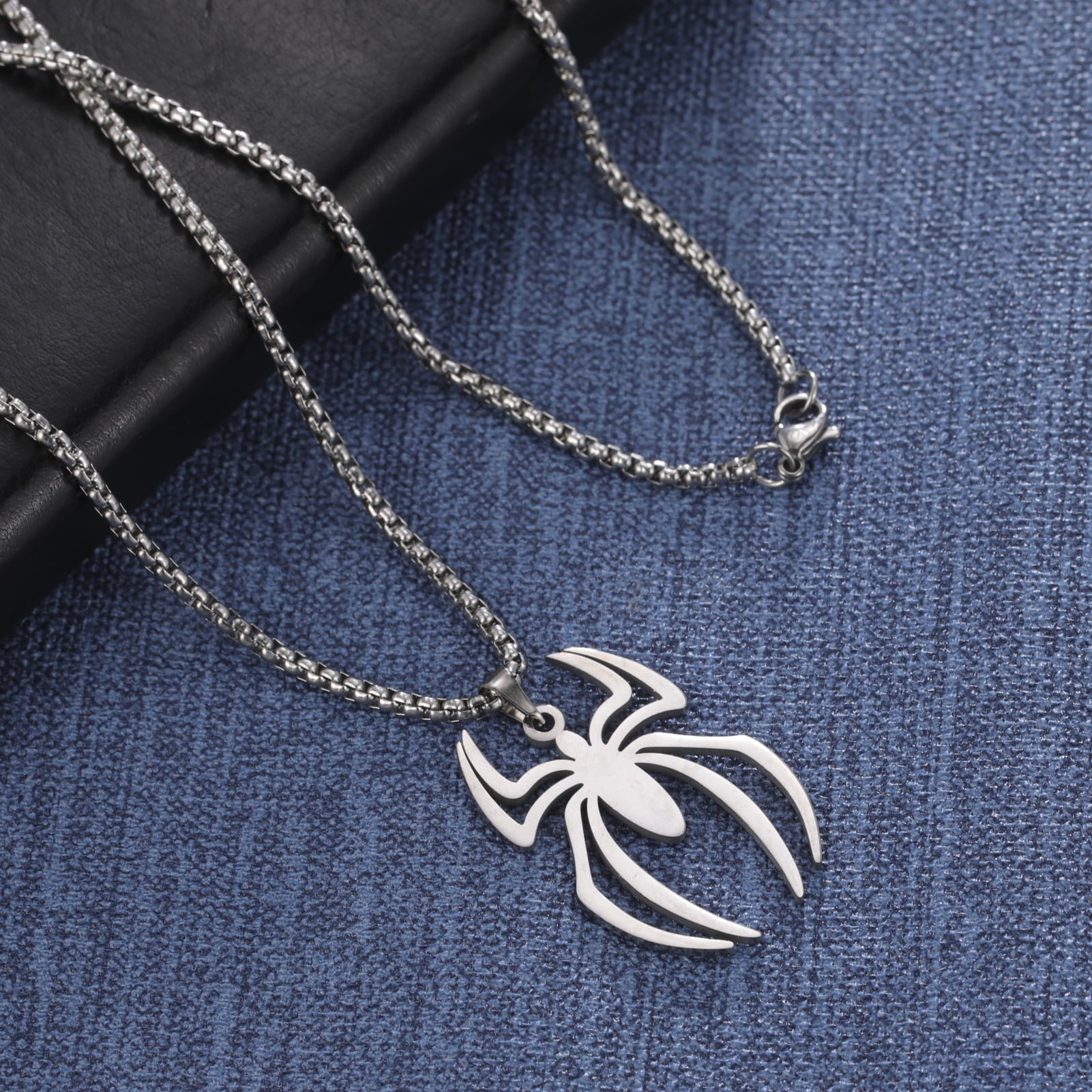 EUEAVAN Silver Spider Pendant Necklace Stainless Steel Box Chain Animal ...