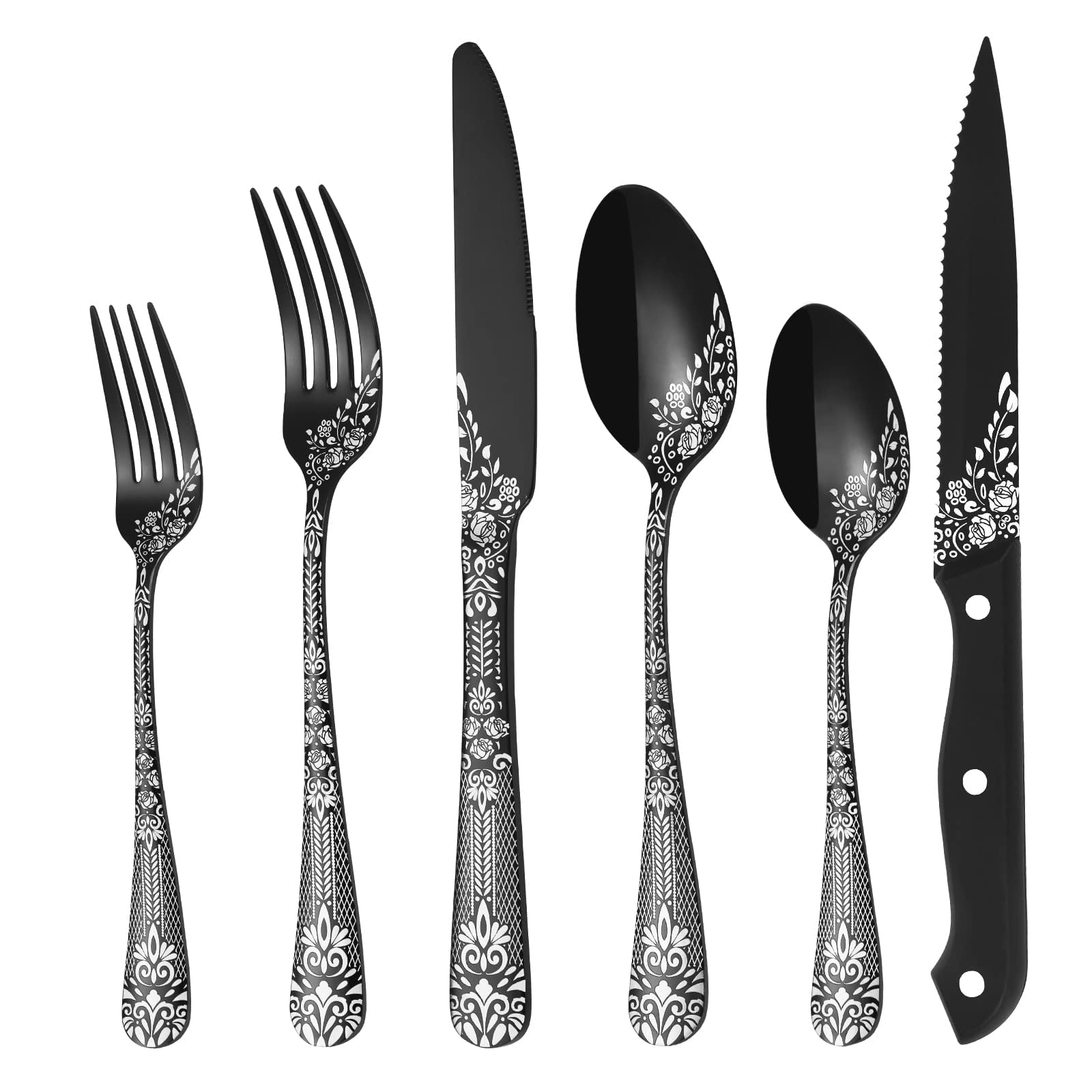 EUIRIO 48-Piece Silverware Set with Steak Knives, Black Flatware Set ...