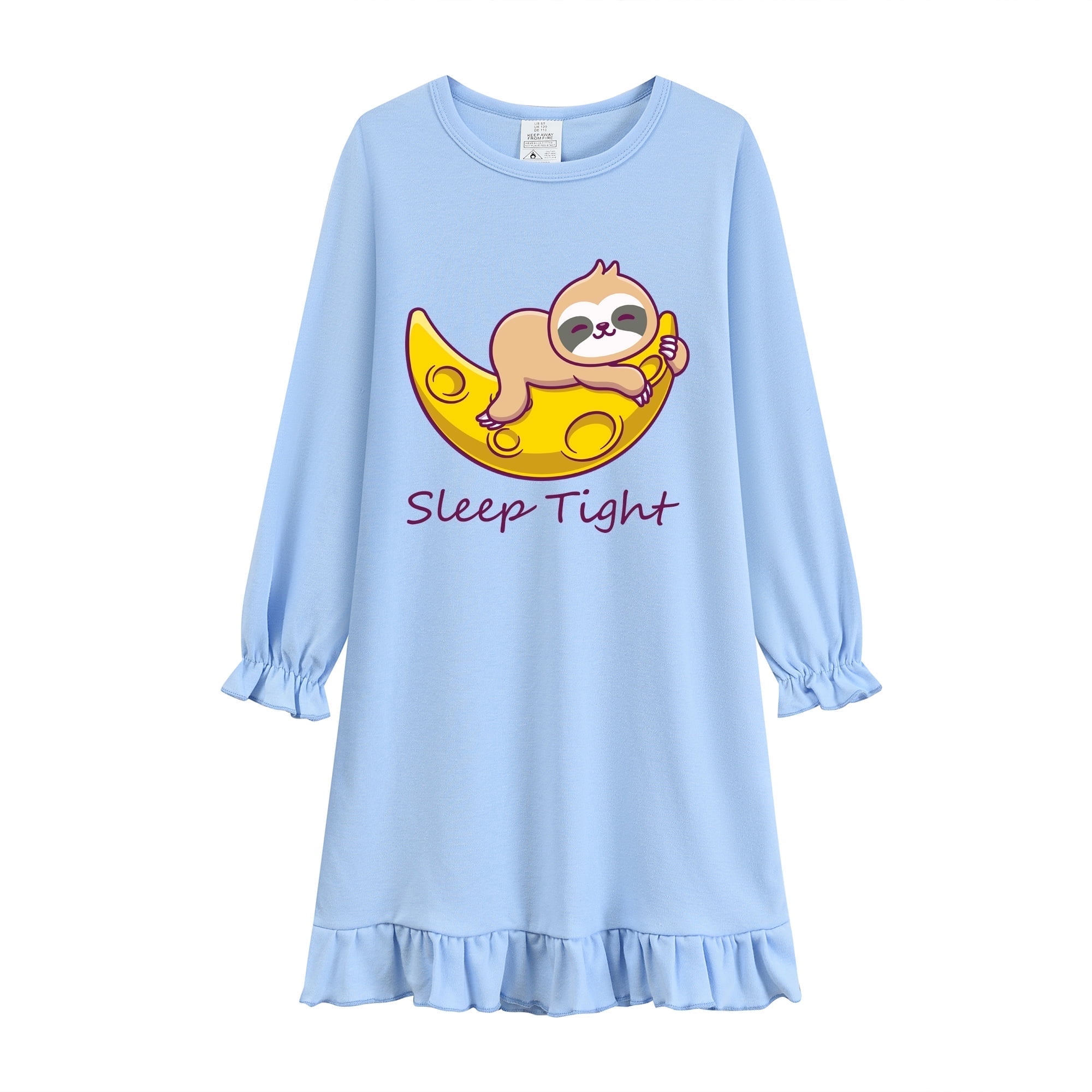 EULLA Girls Nightgown Long Sleeves Sloth Nighties Princess Sleep Dress ...