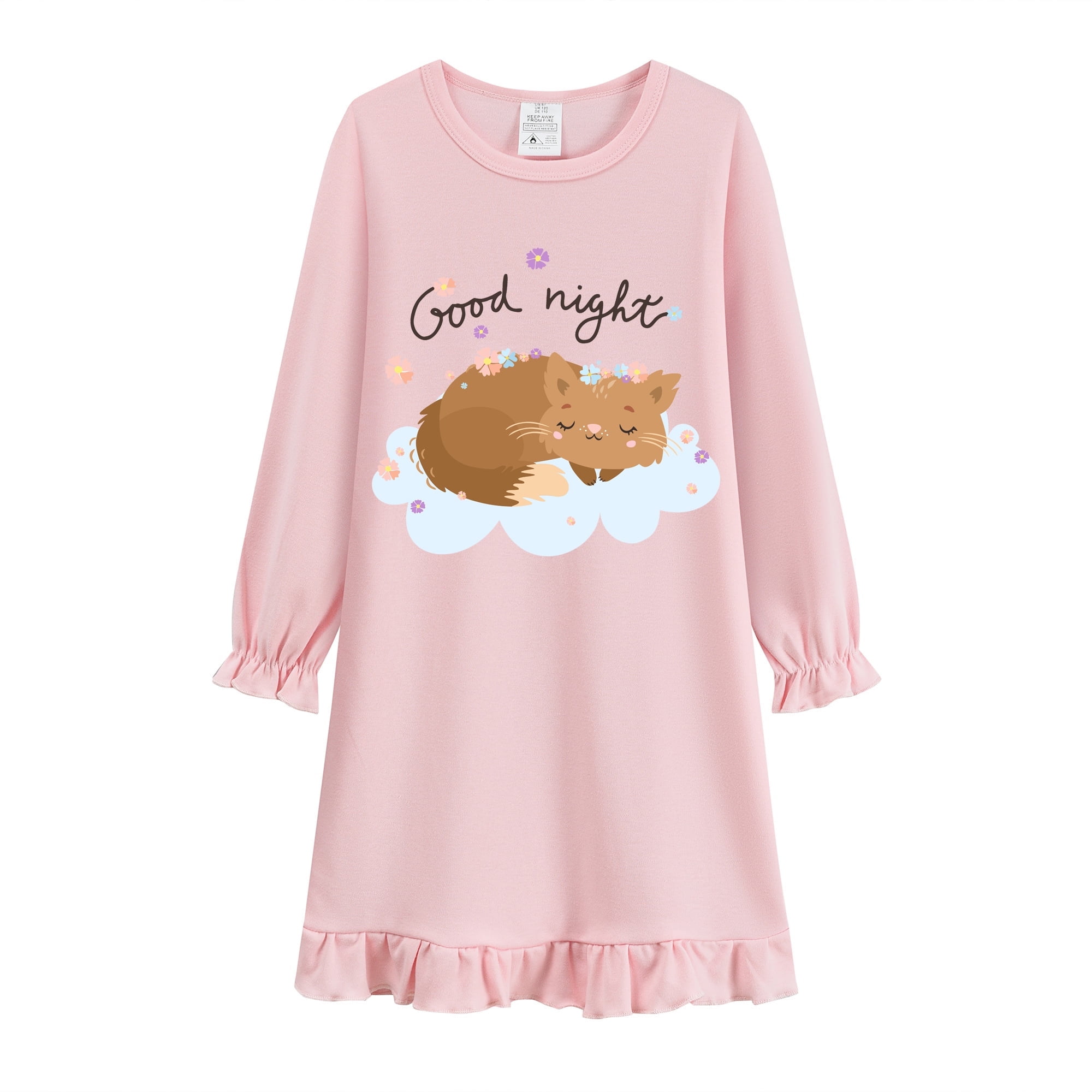 EULLA Toddler Girls Nightgown Long Sleeves Cat Nighties Princess Sleep Dress Pink Sleepwear 4T ...